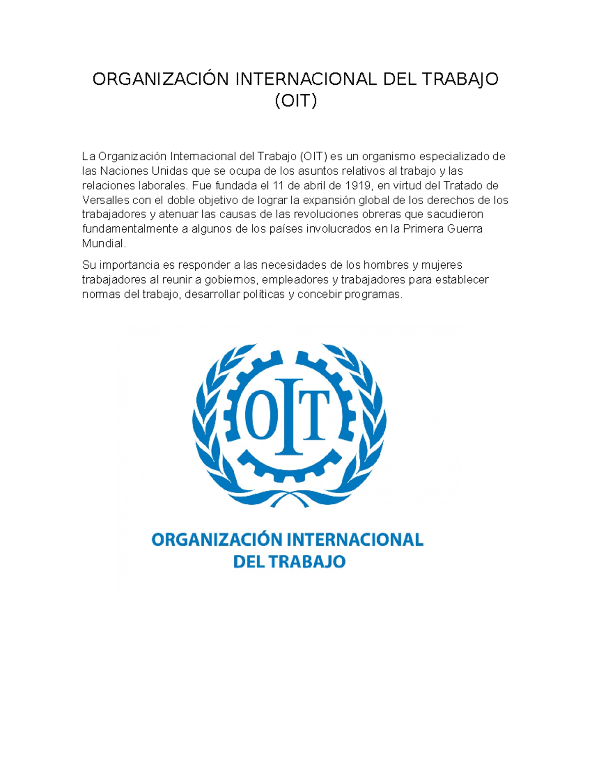 Organismos Internacionales OIT Y OMC - ORGANIZACIÓN INTERNACIONAL DEL ...