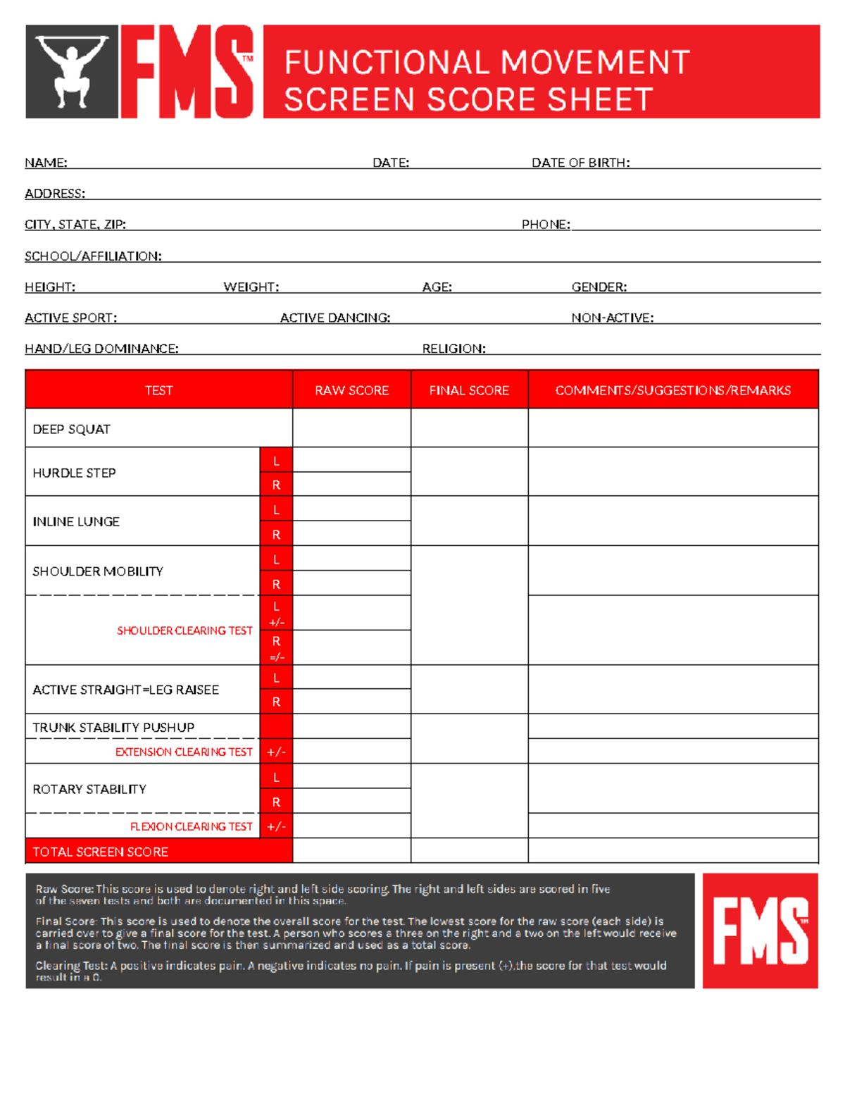 FMS Forms March 1 2024 - NAME: DATE: DATE OF BIRTH: ADDRESS: CITY ...