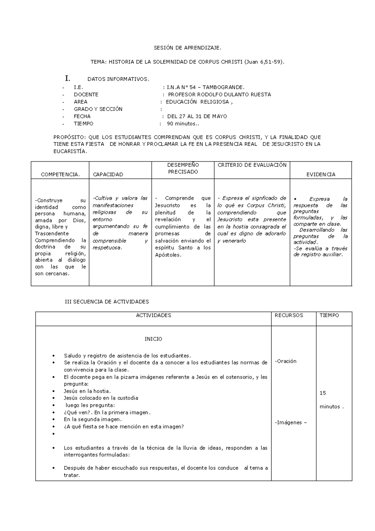 Sesión DE Corpus Christi - 2024 - SESIÓN DE APRENDIZAJE. TEMA: HISTORIA DE LA SOLEMNIDAD DE ...