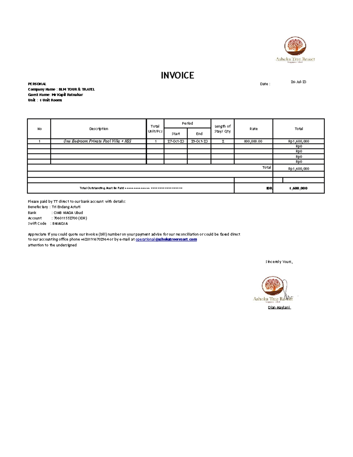 Invoice - Kapil Ratnakar - INVOICE PERSONAL Date : Company Name : BLM TOUR & TRAVEL Guest Name ...