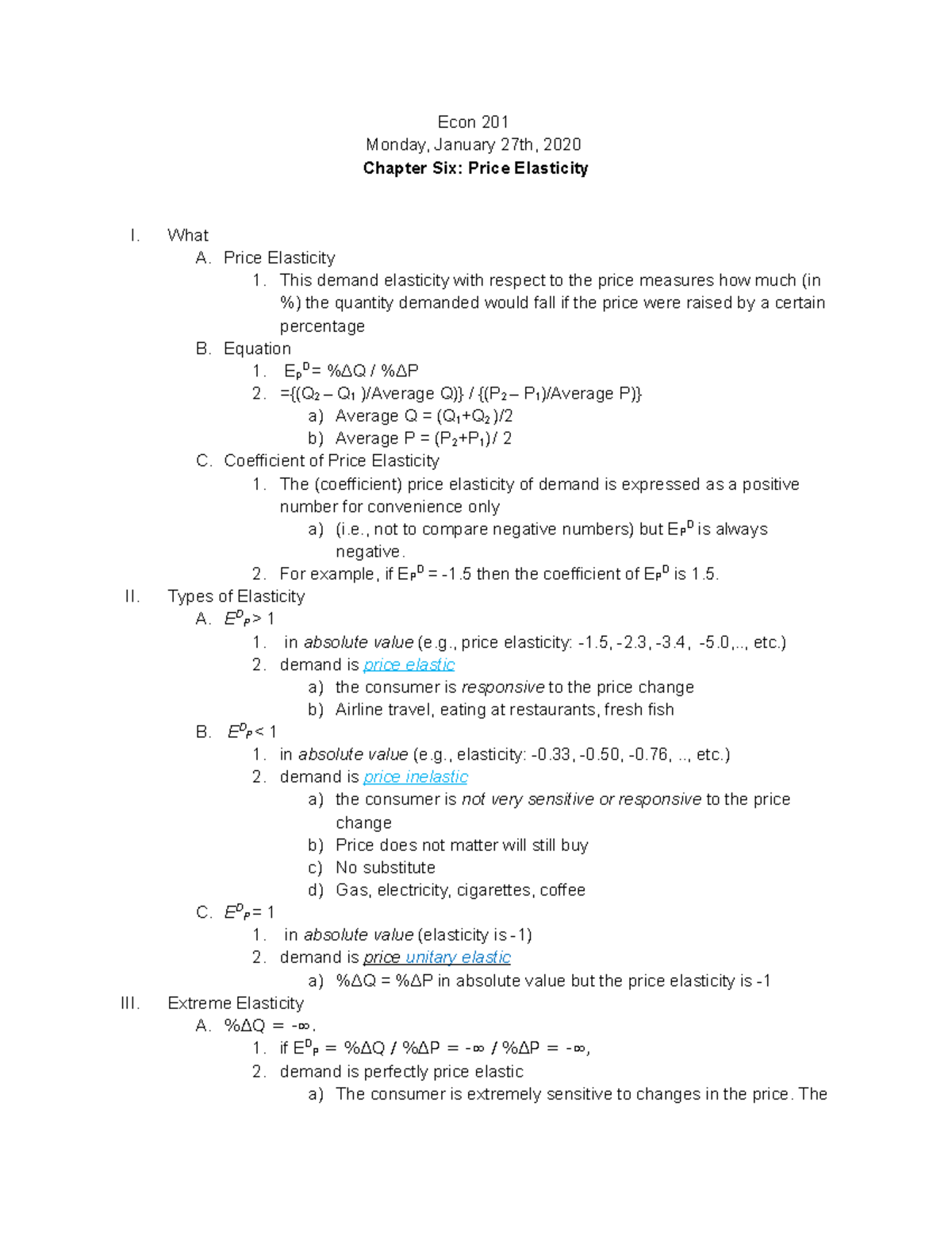 Chapter Six Price Elasticity - Econ 201 Monday, January 27th, 2020 ...