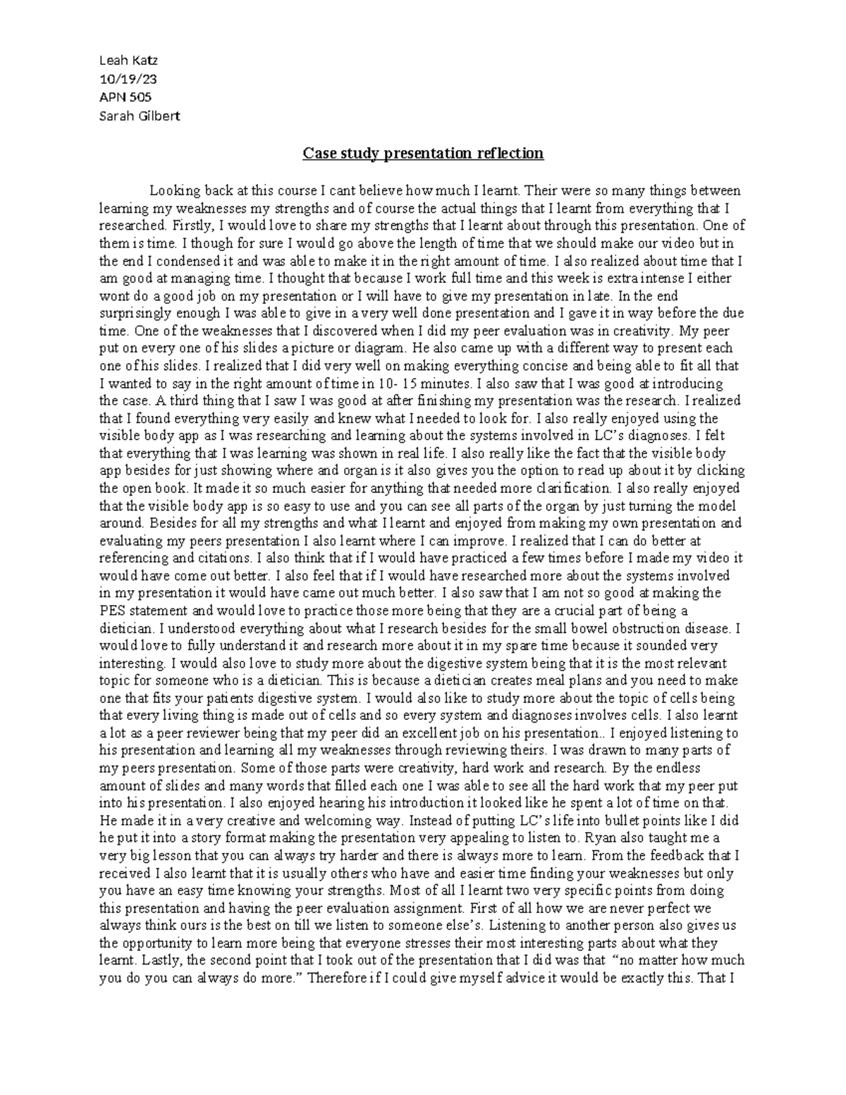 Case study presentation reflection - Leah Katz 10/19/ APN 505 Sarah ...