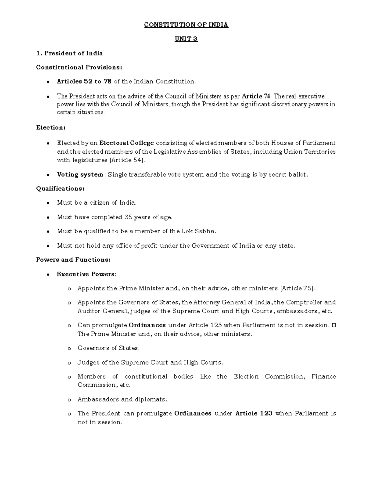 CI Units 3, 4, 5 - Coi notes - CONSTITUTION OF INDIA UNIT 3 1 ...