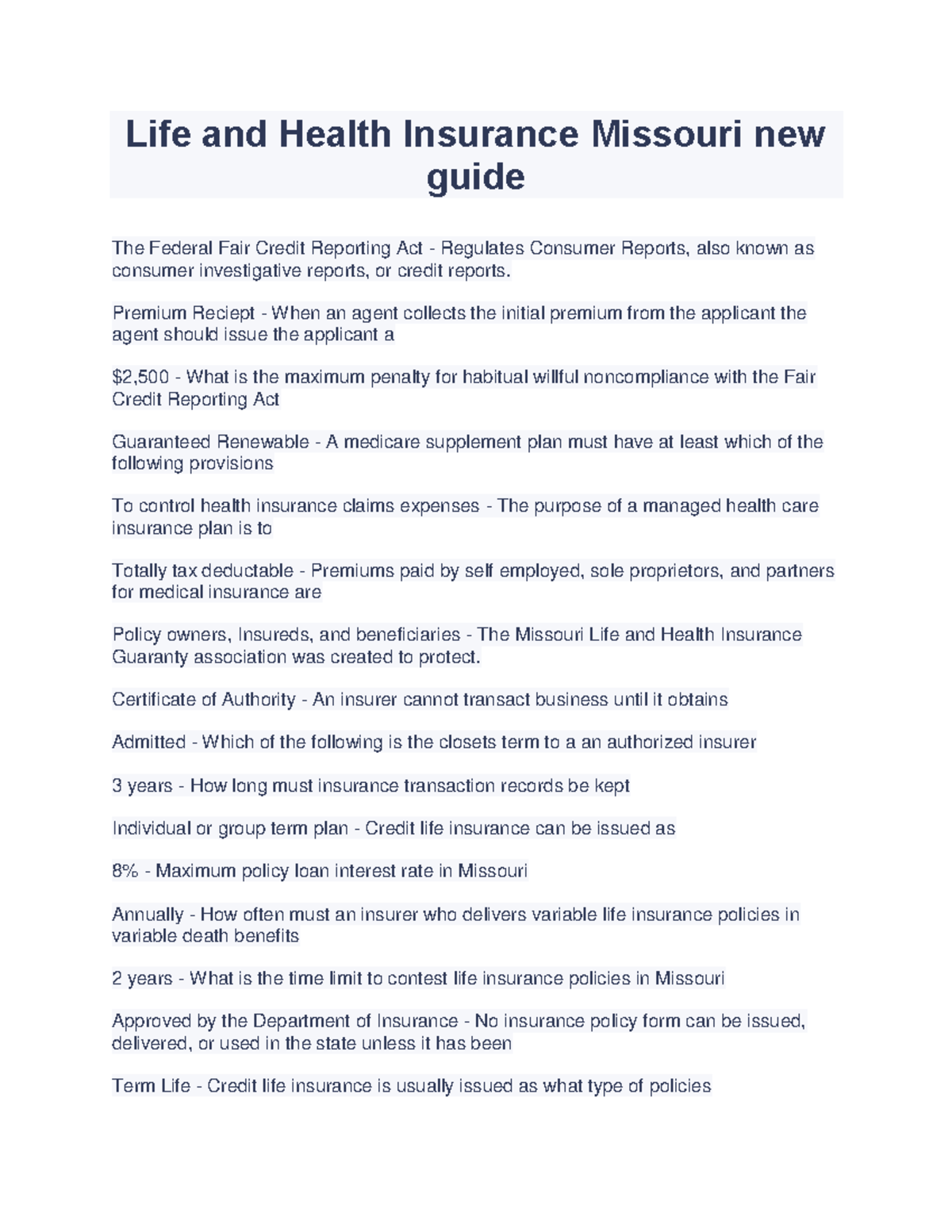 Life and Health Insurance Missouri new guide - Life and Health ...