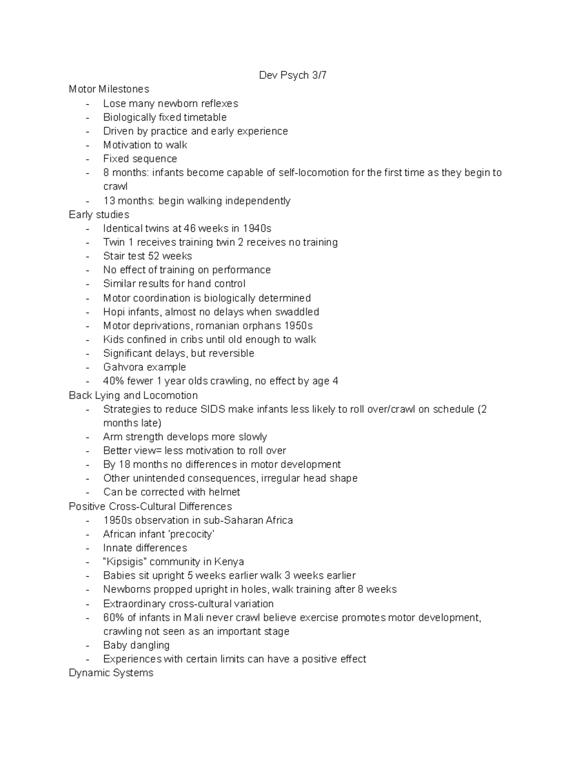 Developmental Psych 3/7 - Dev Psych 3/ Motor Milestones Lose many ...