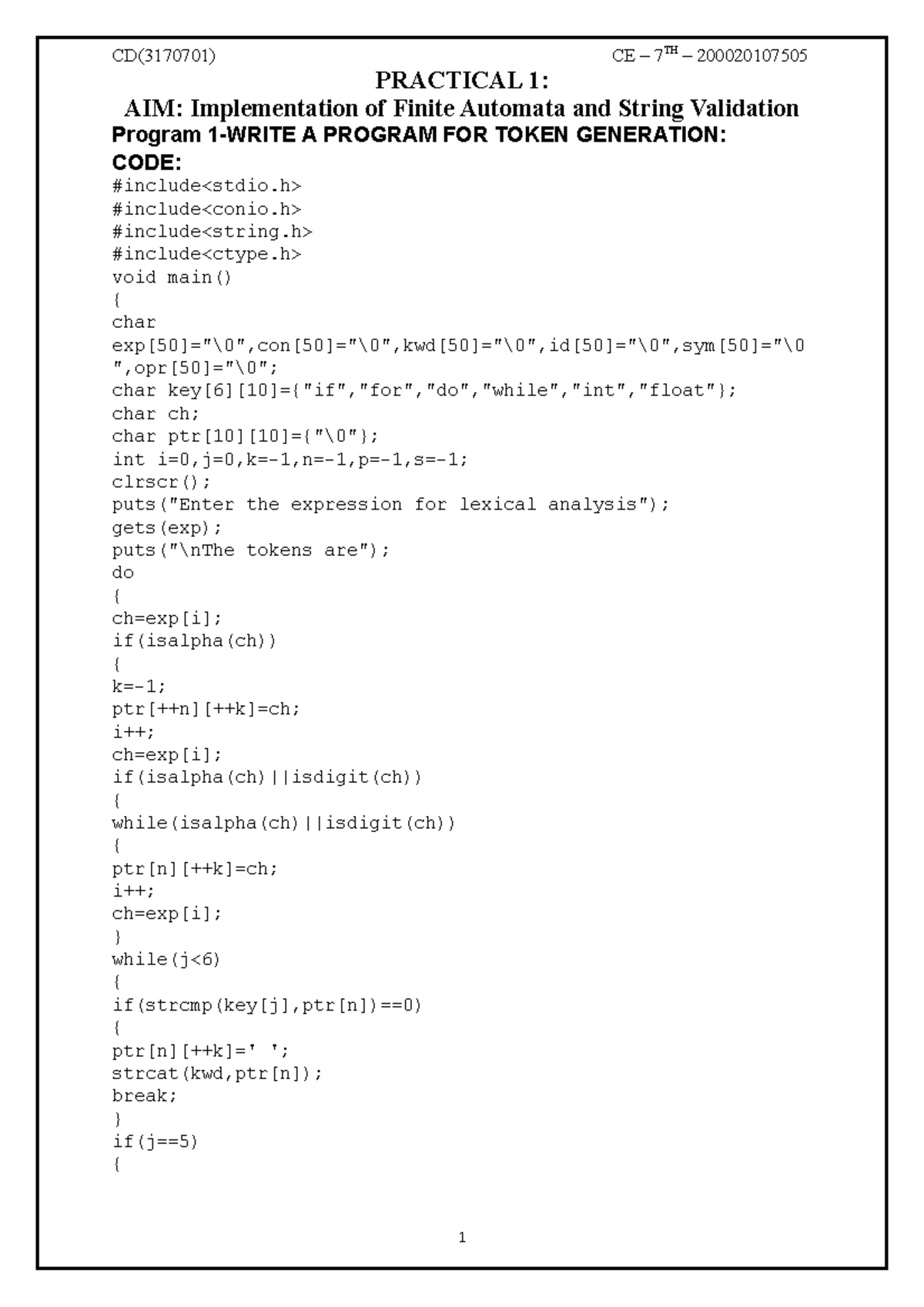 CD PRACTICAL 7505 - PRACTICAL 1: AIM: Implementation of Finite Automata and String Validation ...