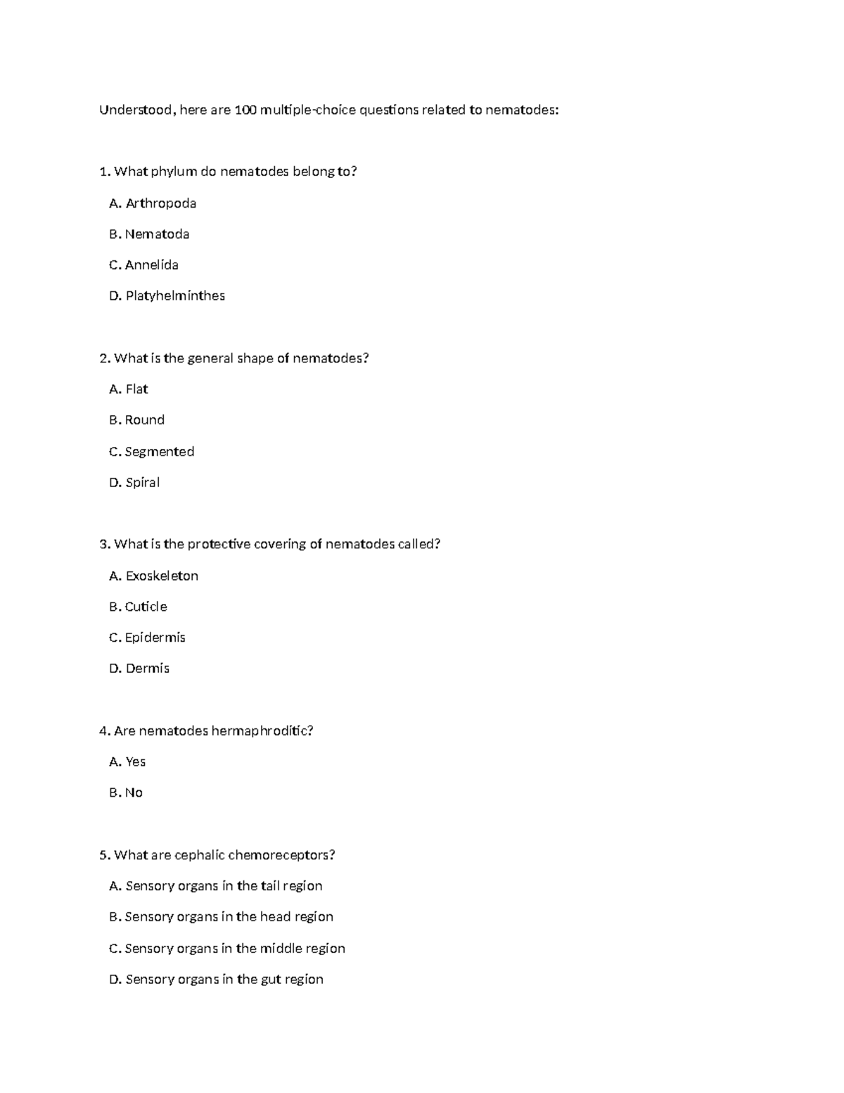 Nematodes Questions RCA - Understood, here are 100 multiple-choice ...