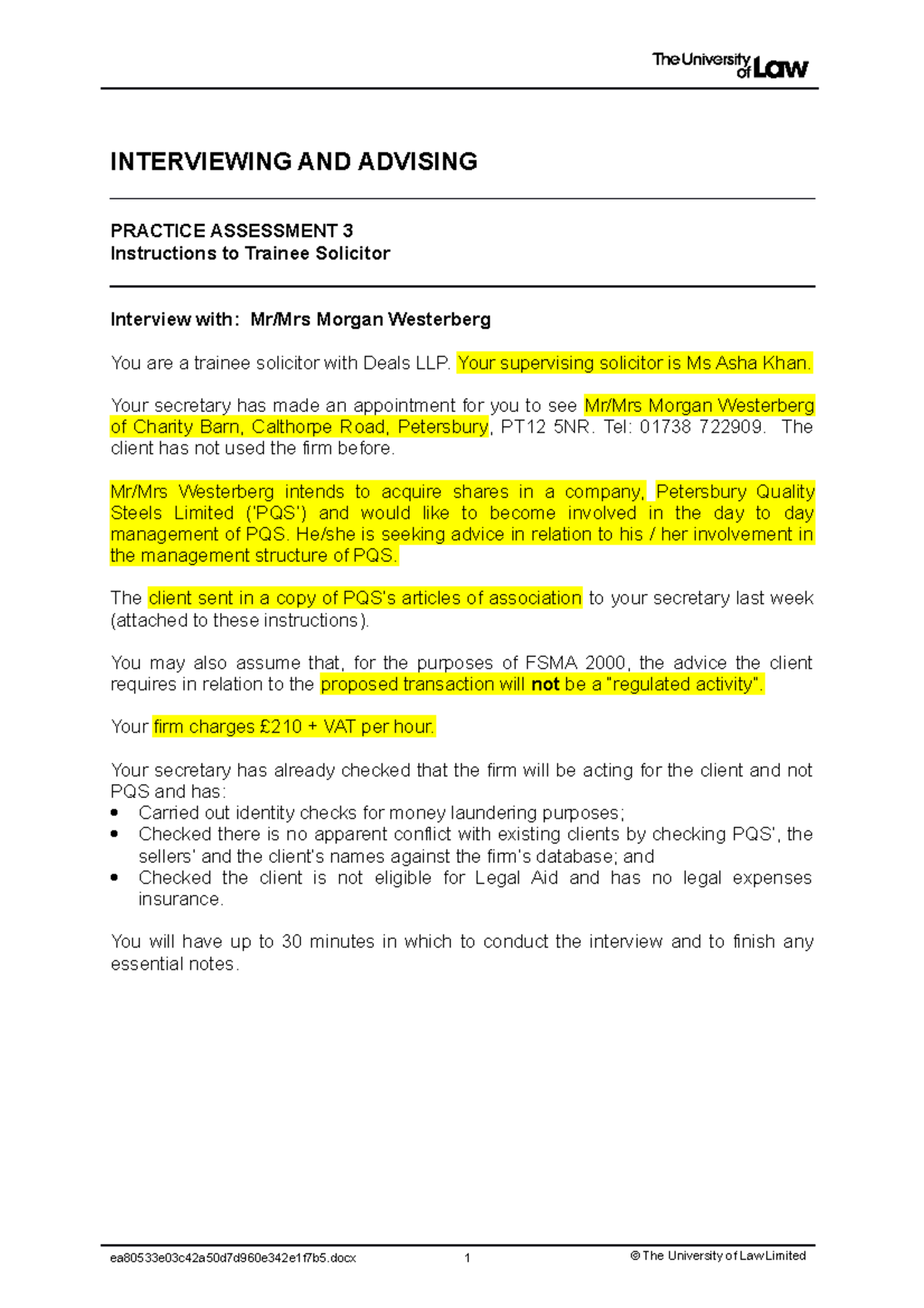 Client Interviewing- sheet - INTERVIEWING AND ADVISING PRACTICE ASSESSMENT 3 Instructions to ...