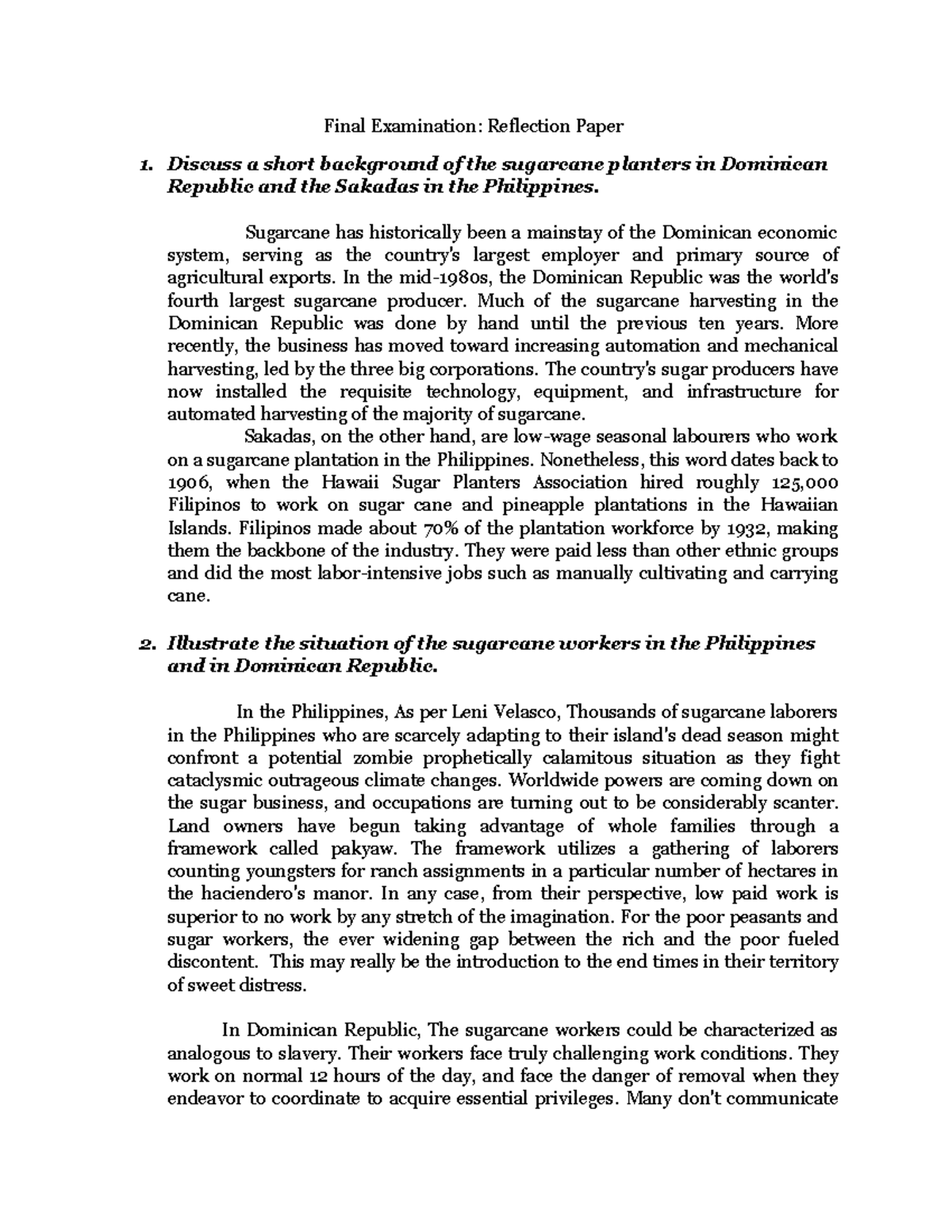 Philippines and Dominican Republic Sugarcane Laborers - AB Foreign ...