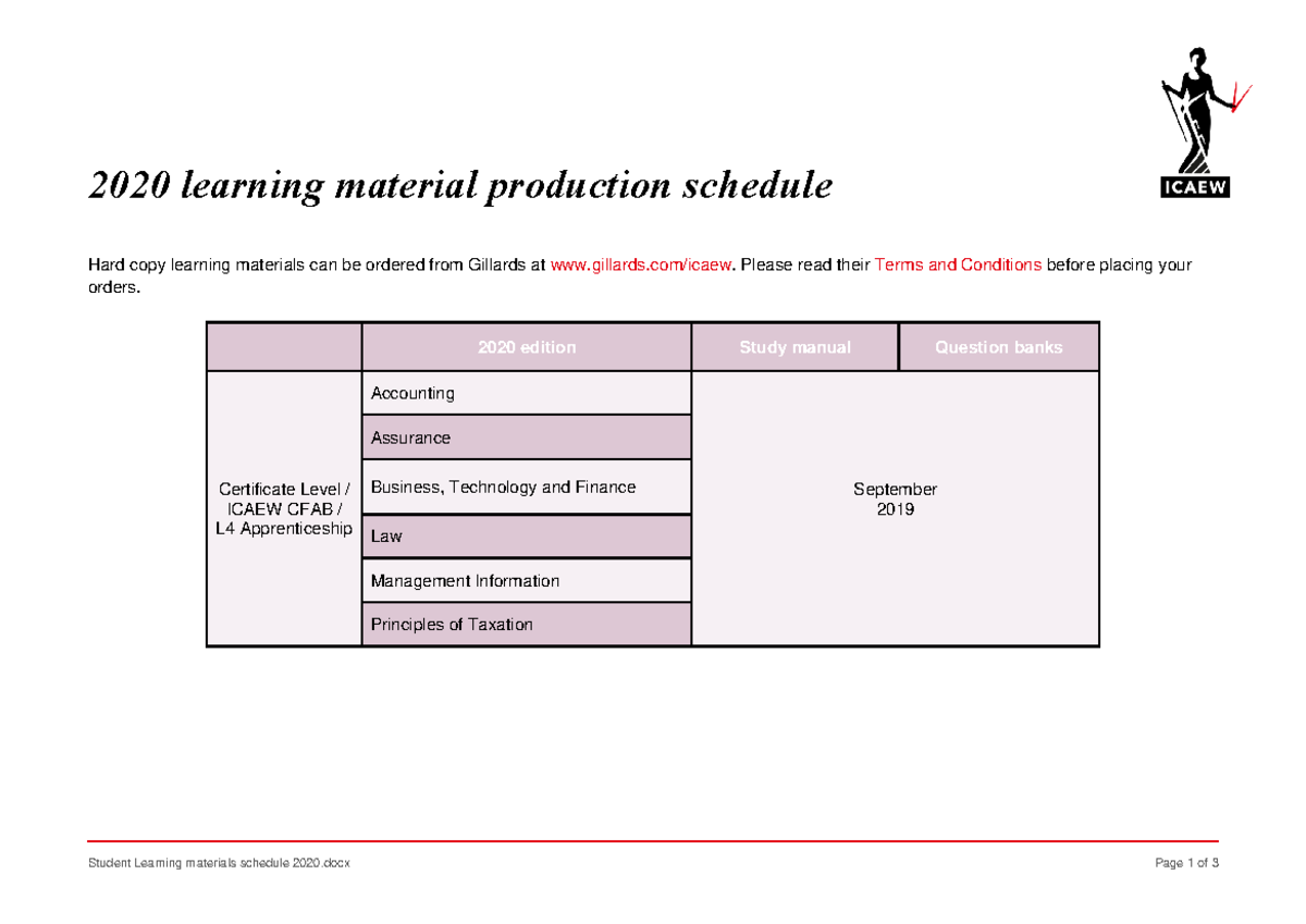 ACA Student Learning materials schedule 2020 - Student Learning ...