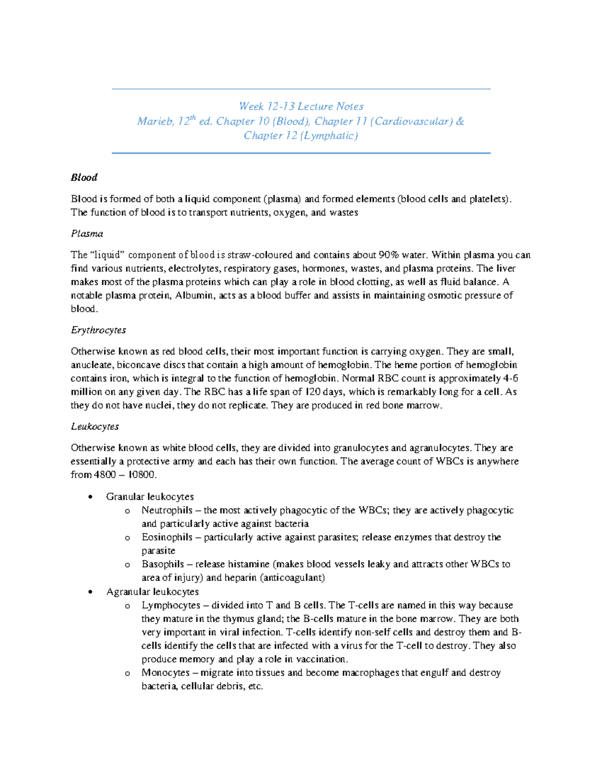 Week 12-13 Lecture Notes 1 - Week 12-13 Lecture Notes Marieb, 12th ed ...