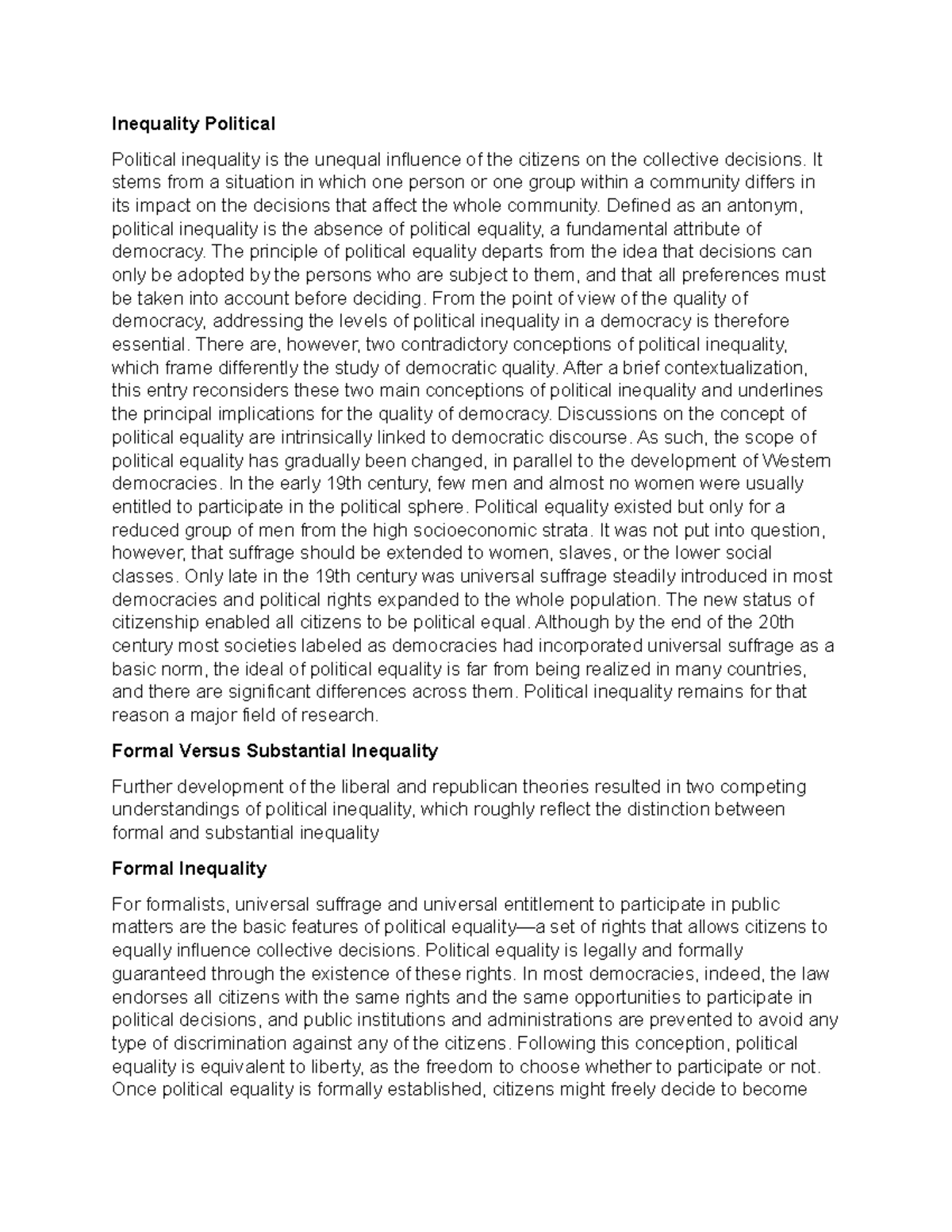 Inequality Political - Inequality Political Political inequality is the ...