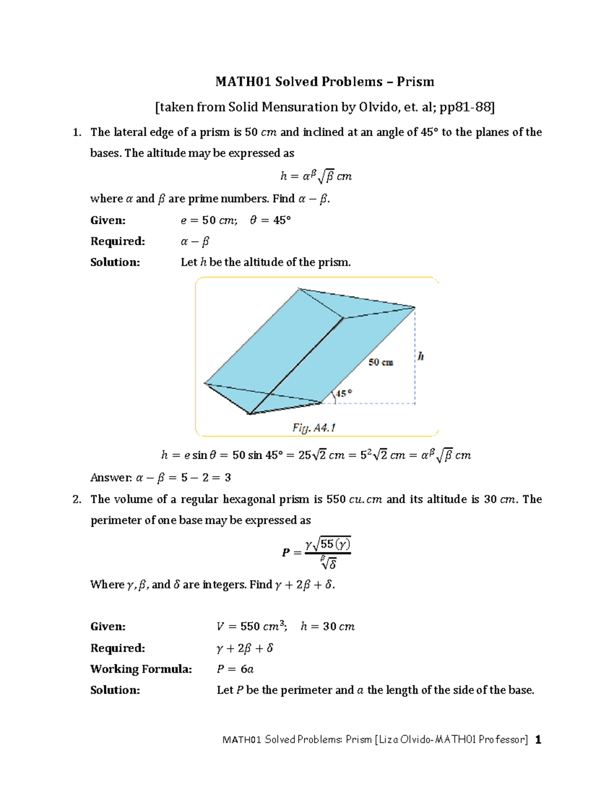 MATH01 about Prism - MATH01 Solved Problems – Prism [taken from Solid ...