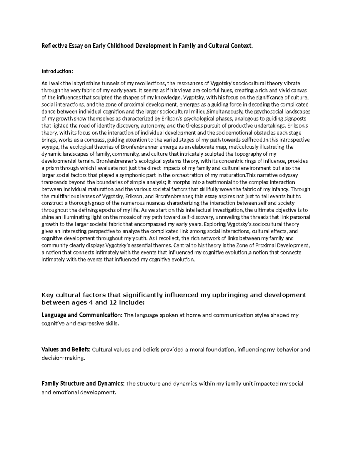 Work task AI 13 - Reflective Essay on Early Childhood Development in ...