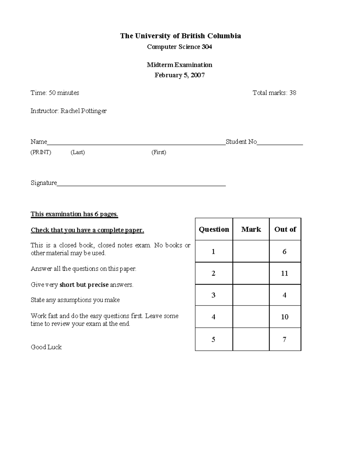 Midterm 1-2006 W2-blank - The University of British Columbia Computer ...