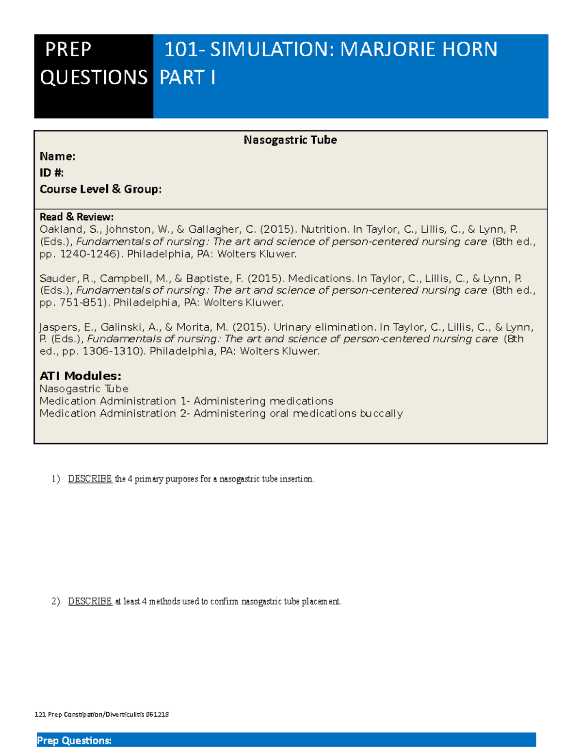 101L Prep Work #7 Marjorie Horn Part I 061419 - PREP QUESTIONS 101 ...