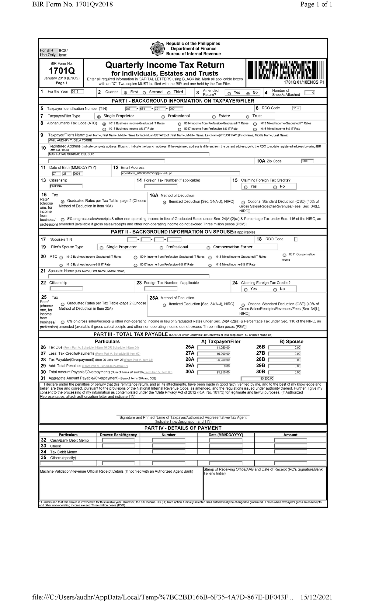 Req1 1Q Dela Torre-1 for BIR filling in quartely filling - BIR Form No ...