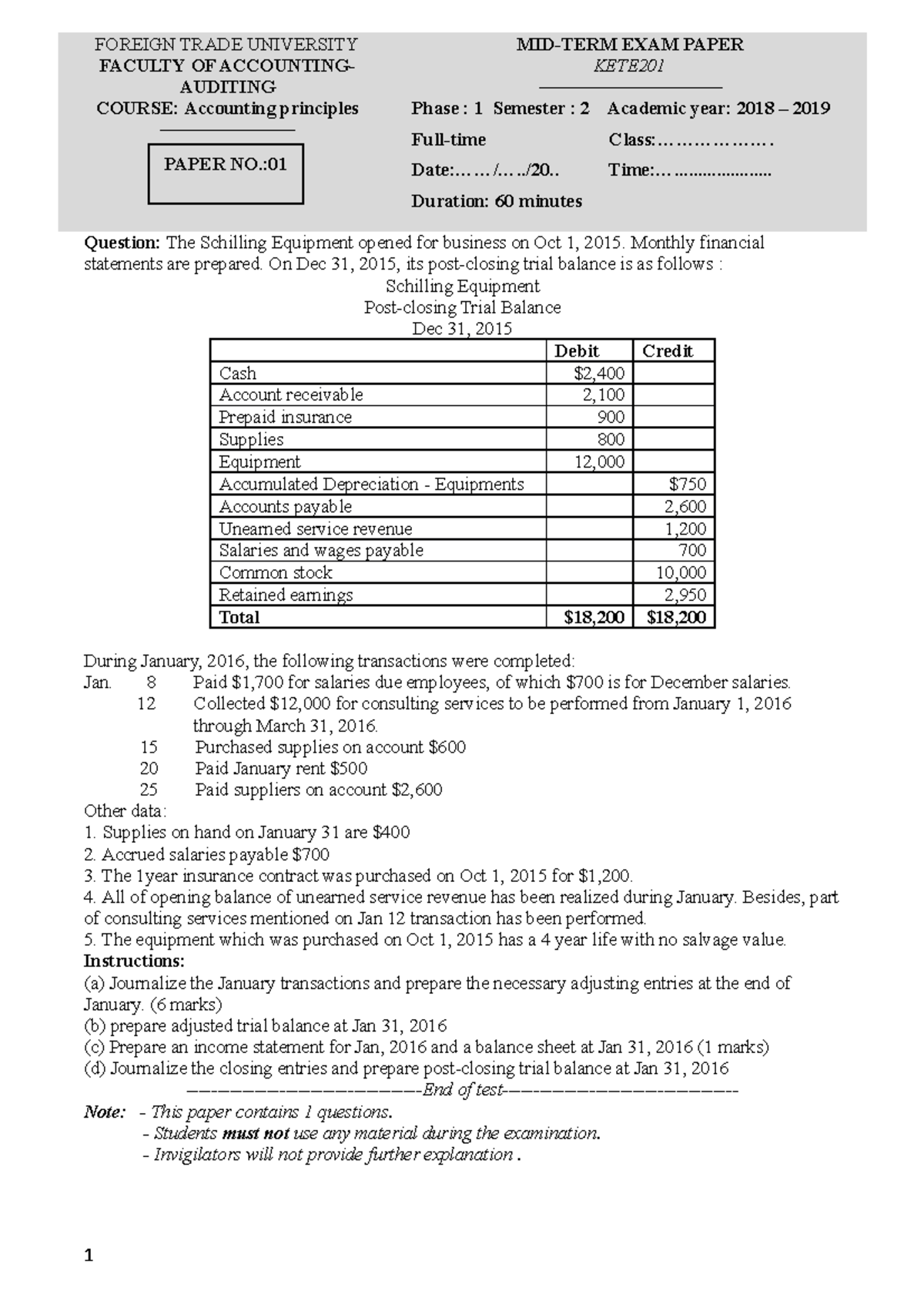 Midterm exam kete2012 1819.1 - FOREIGN TRADE UNIVERSITY FACULTY OF ...