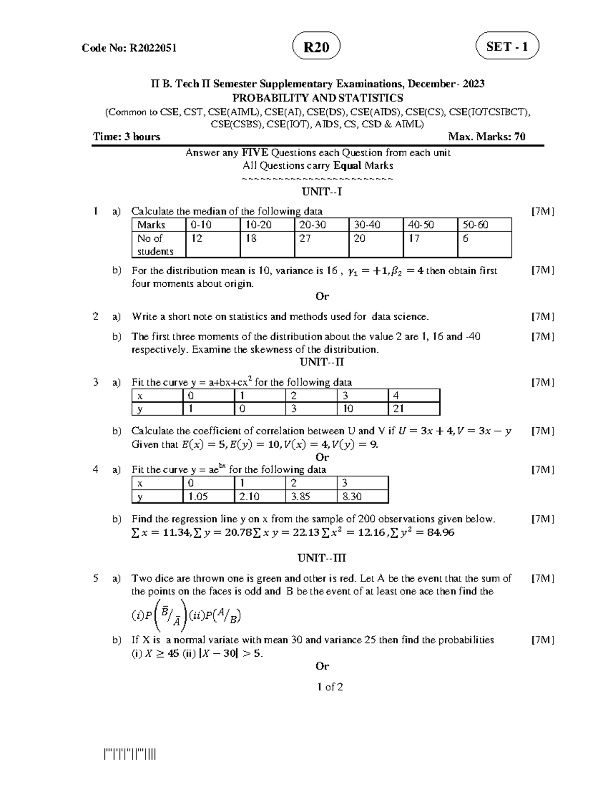 Probability AND Statistics DEC 2023 - |'''|'|'|''||'''|||| II B. Tech ...