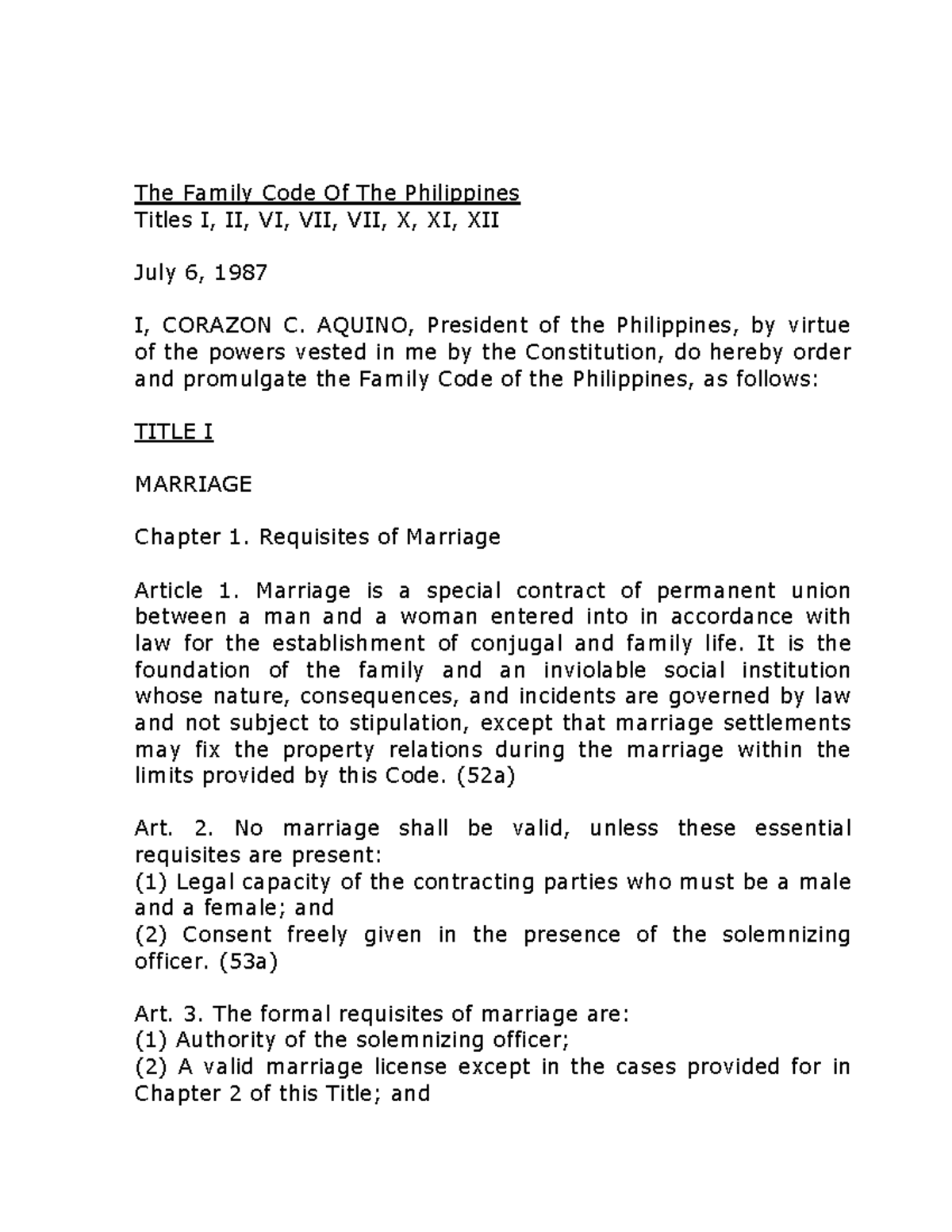 Family Code of Philippines Philippines - - Studocu