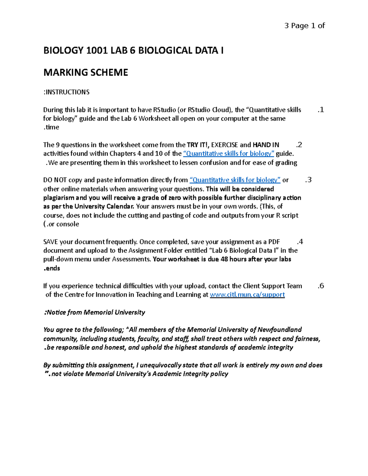 B1001 lab 6 worksheet yrt f22 WORD - 3 Page 1 of BIOLOGY 1001 LAB 6 BIOLOGICAL DATA I MARKING ...