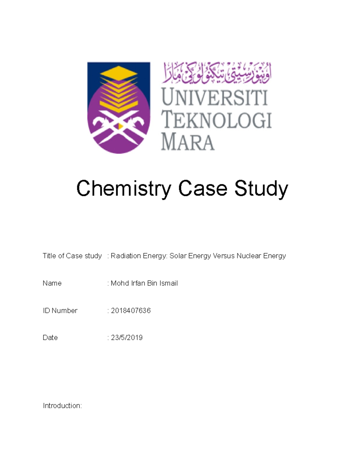 CHM Case Study - Chemistry Case Study Title of Case study : Radiation ...