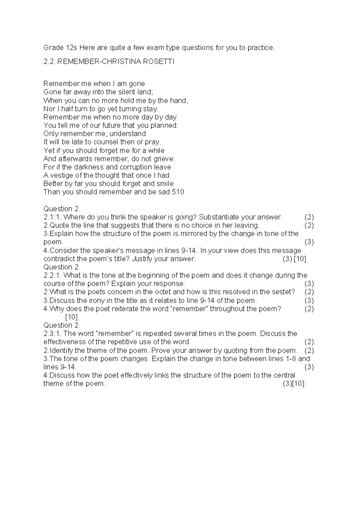 Remember-questions-and-funeral-blues-questions. - Grade 12s Here are ...