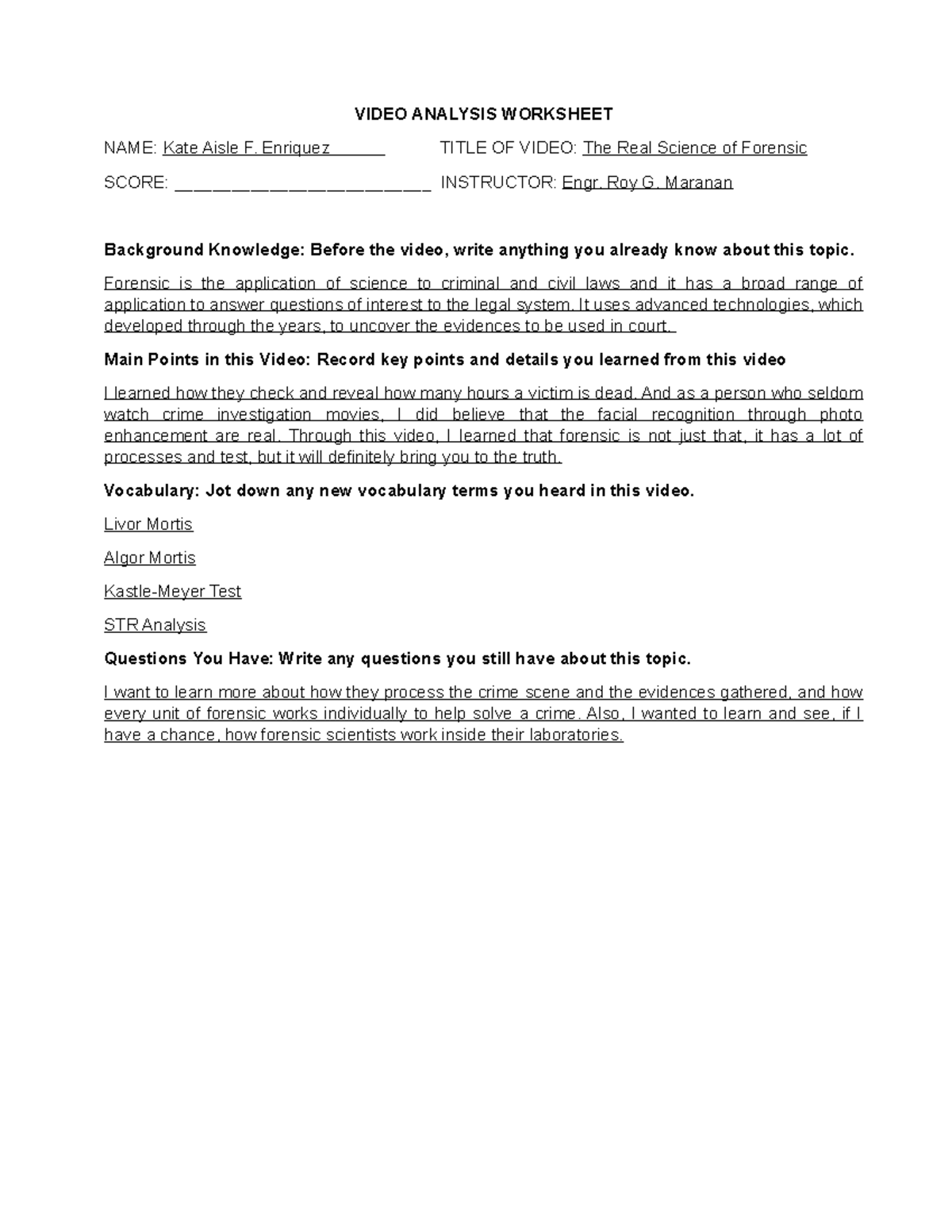 The real science of forensic - VIDEO ANALYSIS WORKSHEET NAME: Kate ...