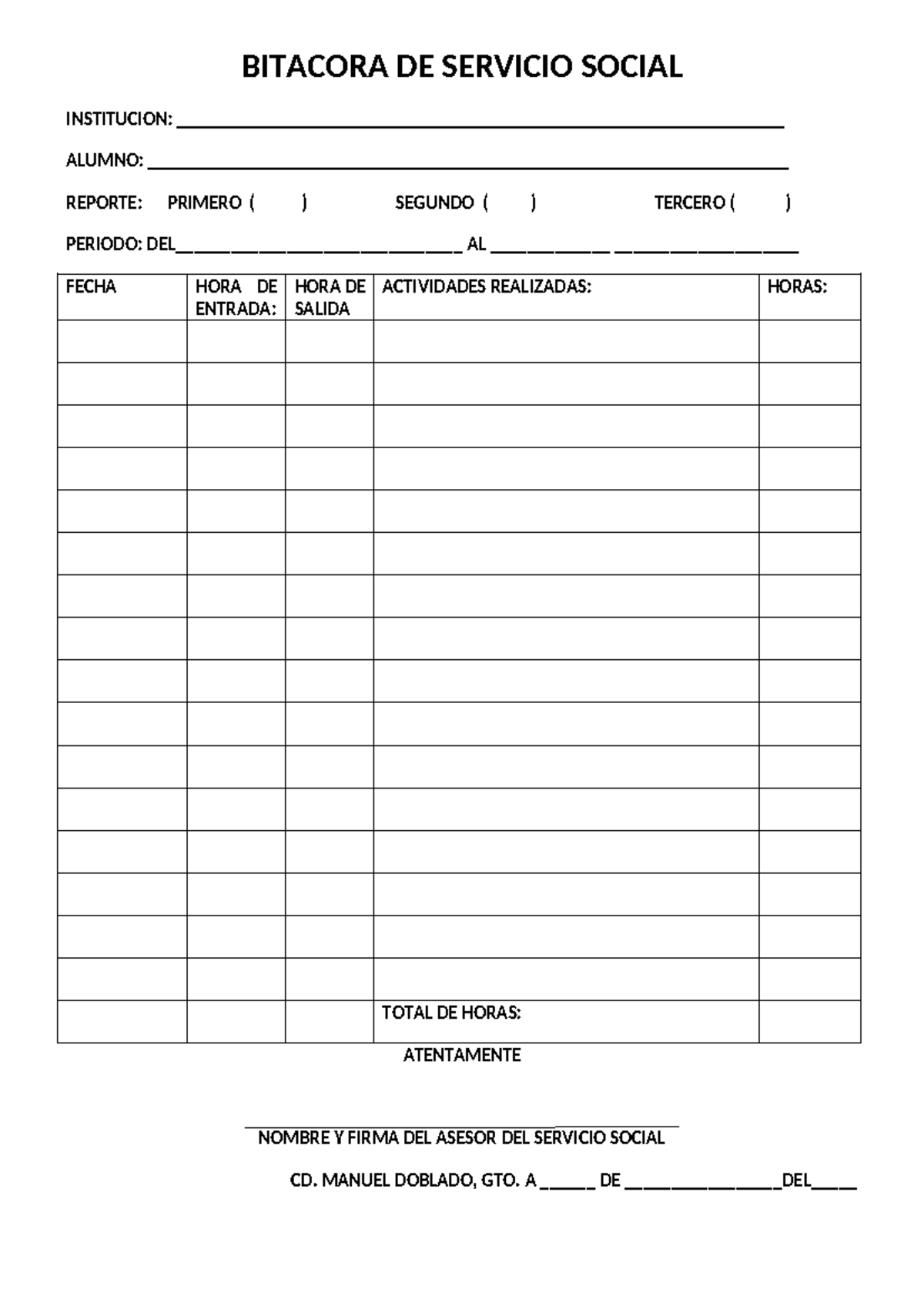 Bitacora DE Servicio Social - BITACORA DE SERVICIO SOCIAL INSTITUCION: - Studocu