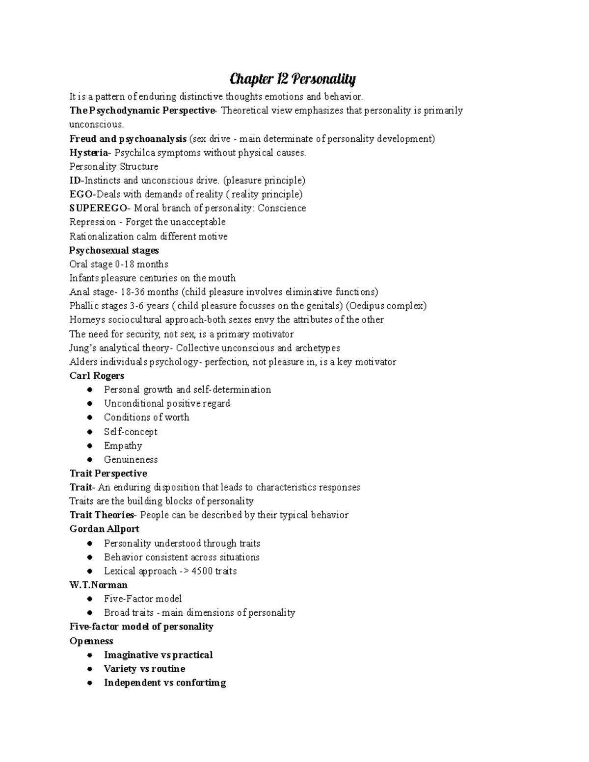 Chapter 12 Personality - Chapter 12 Personality It is a pattern of ...