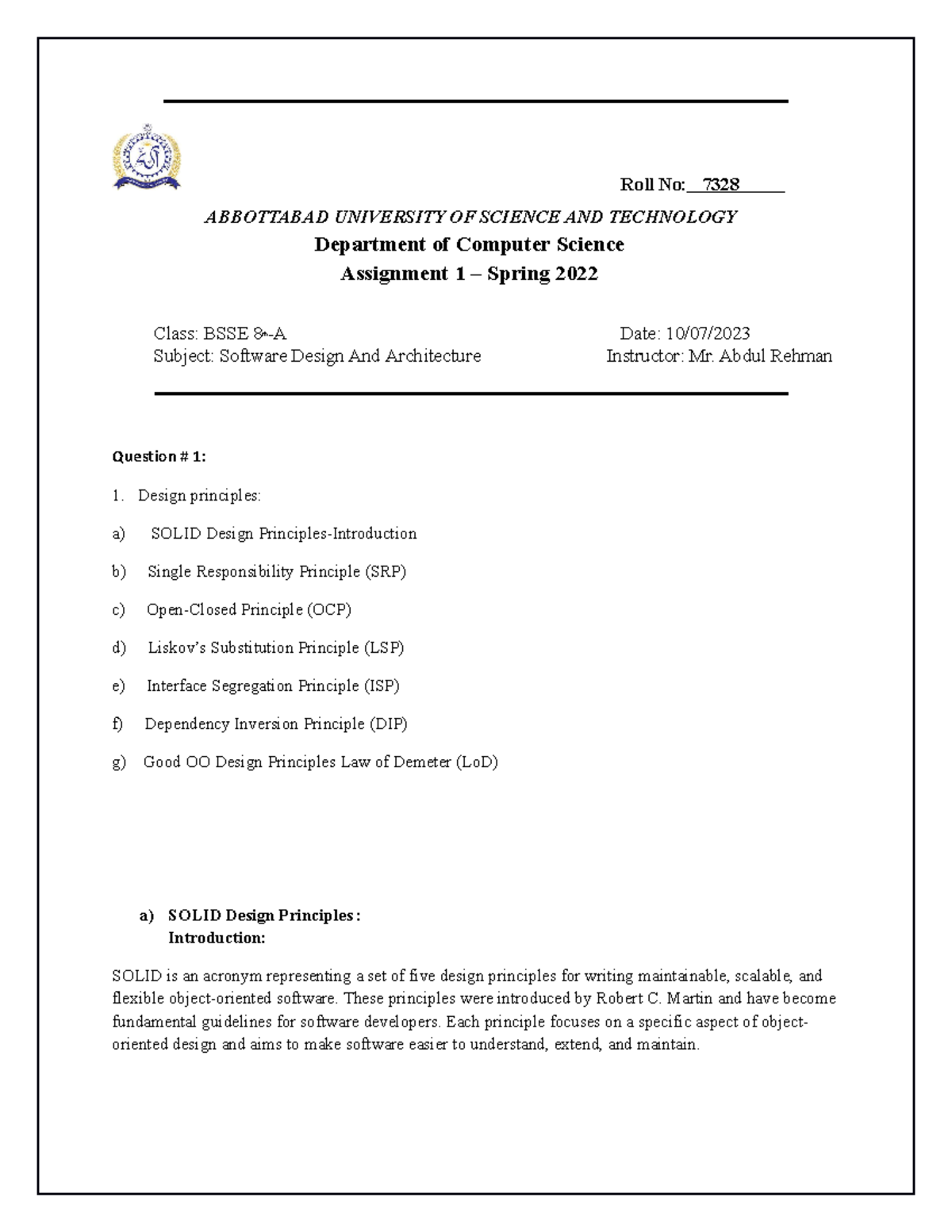 Assigment 1 - Software Design And Arctictur - Roll No: 7328 ABBOTTABAD UNIVERSITY OF SCIENCE AND ...