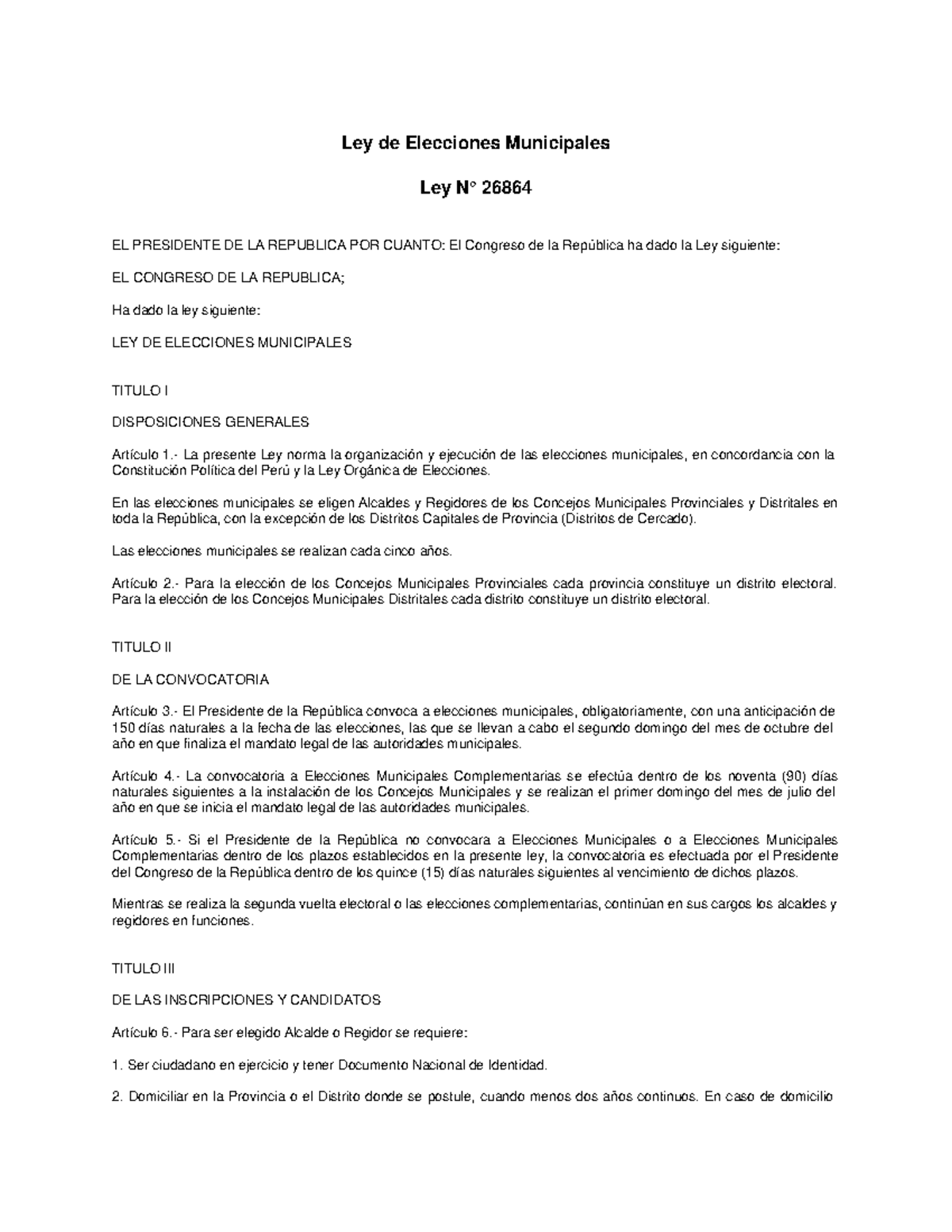 Ley de elecciones municipales - Ley de Elecciones Municipales Ley N ...