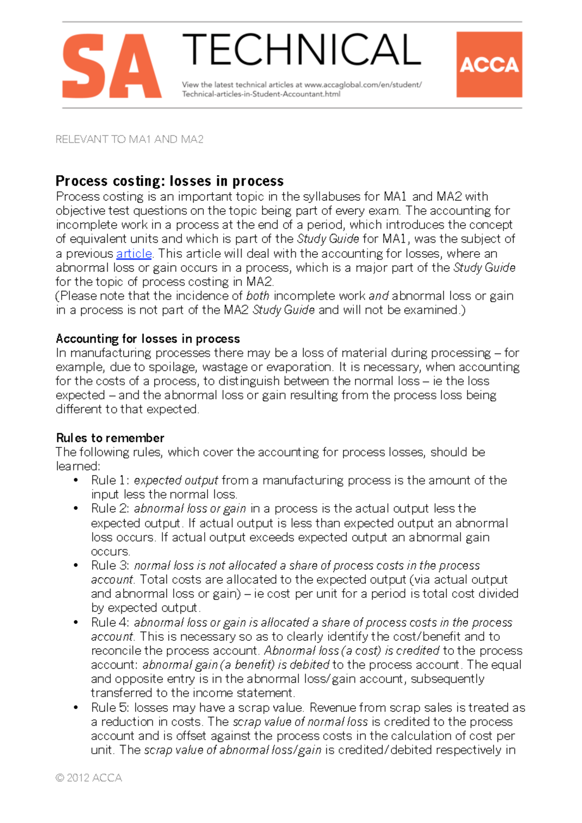 Process costing losses - The accounting for incomplete work in a ...