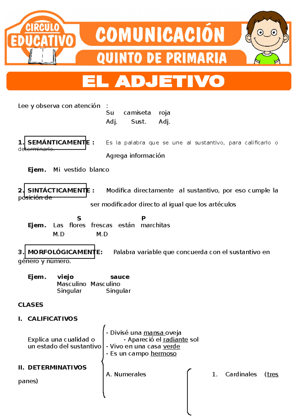 El Adjetivo Definicion y Clases para Quinto de Primaria - Lee y observa ...