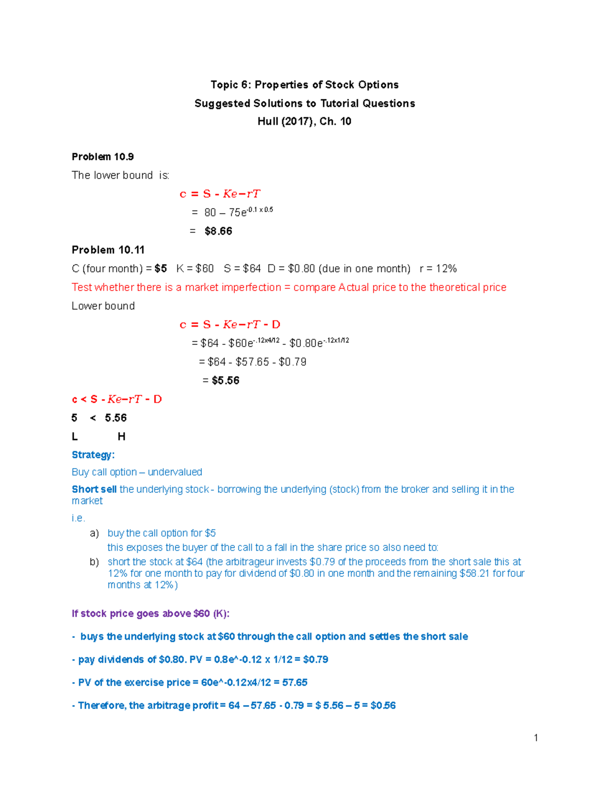 Solutions Topic 6 - Tutorial - Topic 6: Properties of Stock Options Suggested Solutions to ...