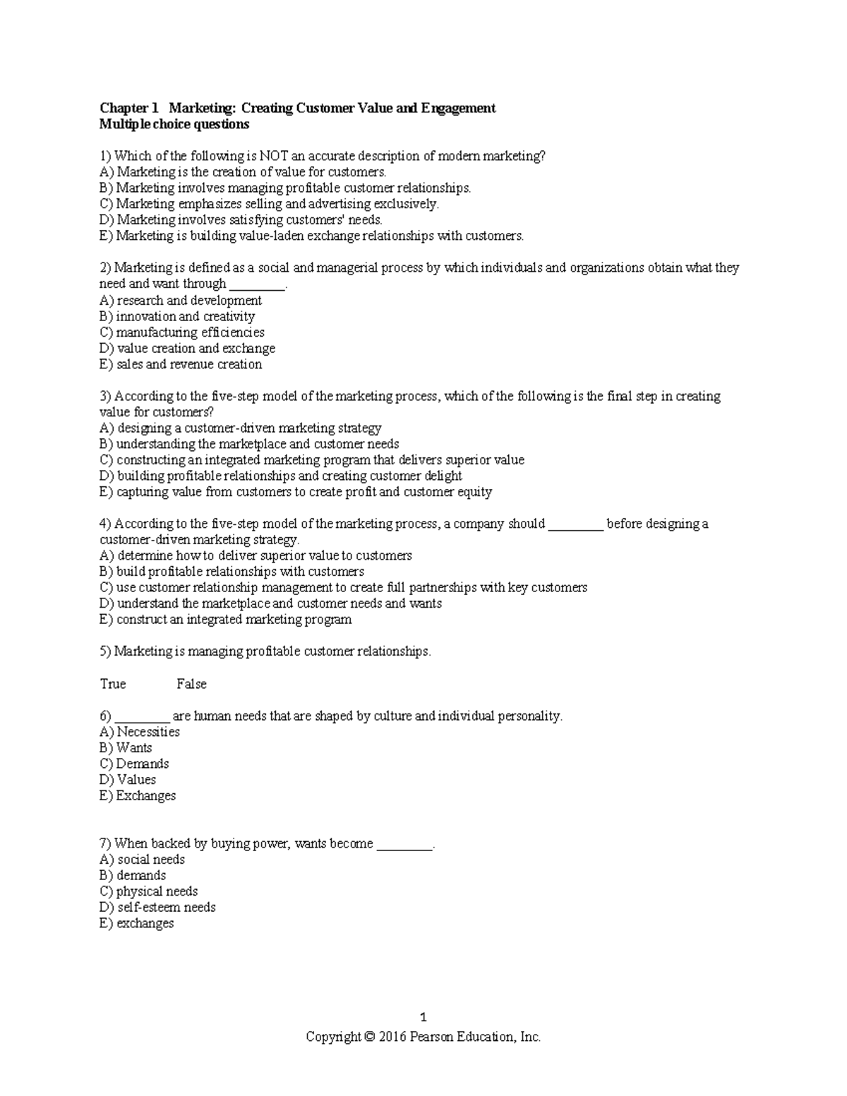 QCM-Chapter 1 - Practice - Chapter 1 Marketing: Creating Customer Value ...