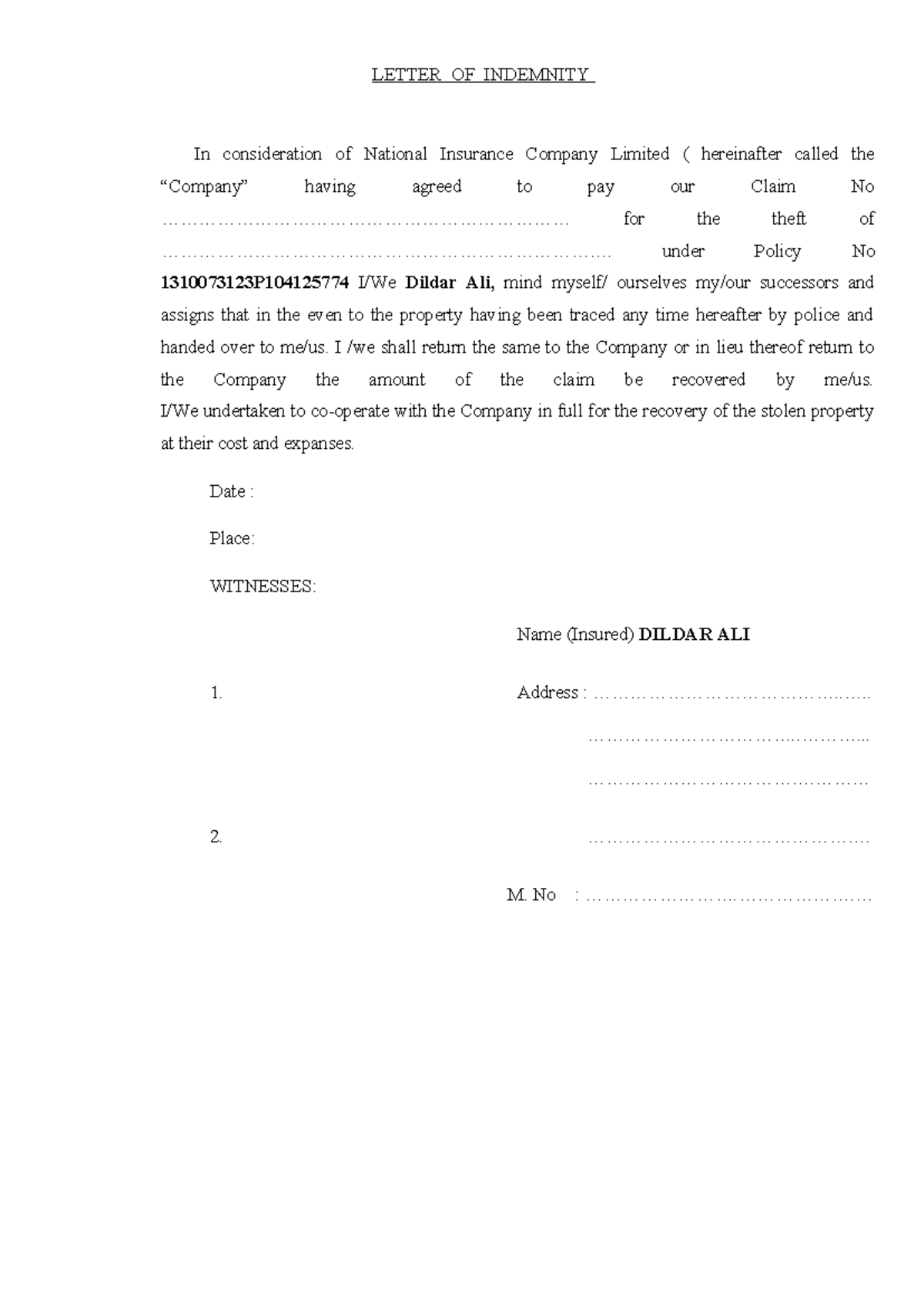Letter OF Subrogation - READ IT - LETTER OF INDEMNITY In consideration ...