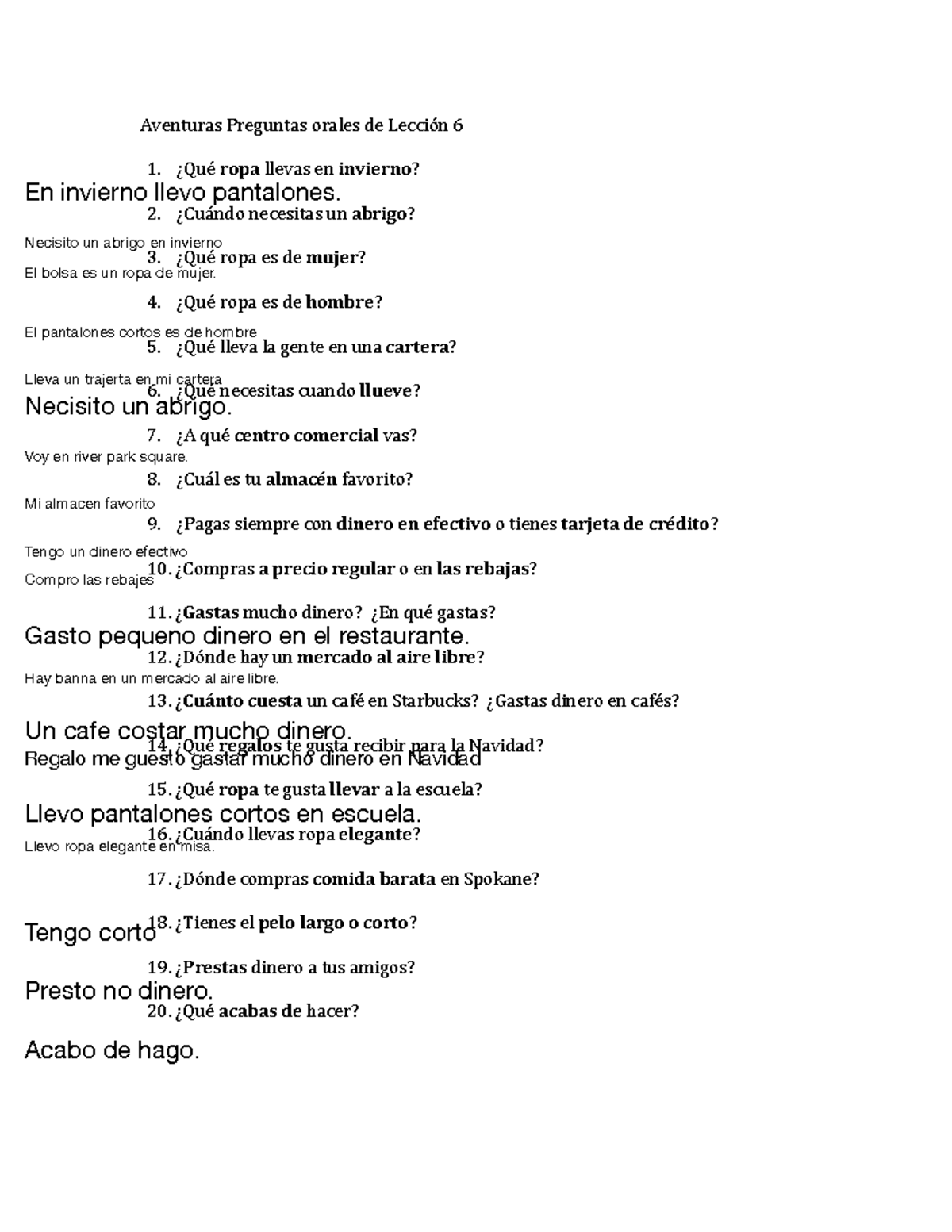 A L 6 Preguntas Orales - Questions - Aventuras Preguntas orales de ...