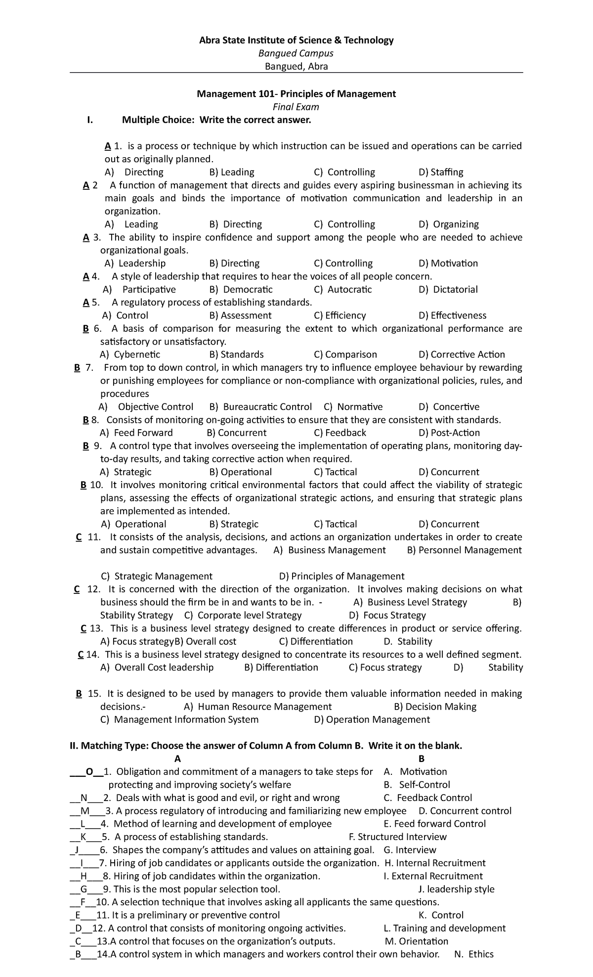 Management%20%2010 1-Final%20Exam - Abra State Institute of Science ...
