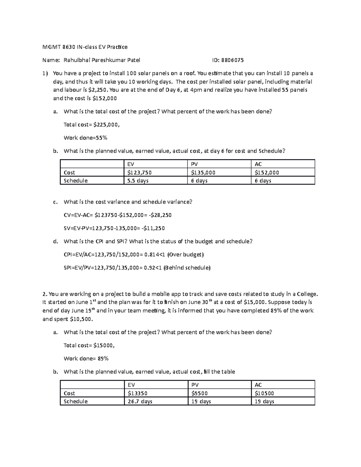 8630 Earned Value Calculation in-class - MGMT 8630 IN-class EV Practice ...