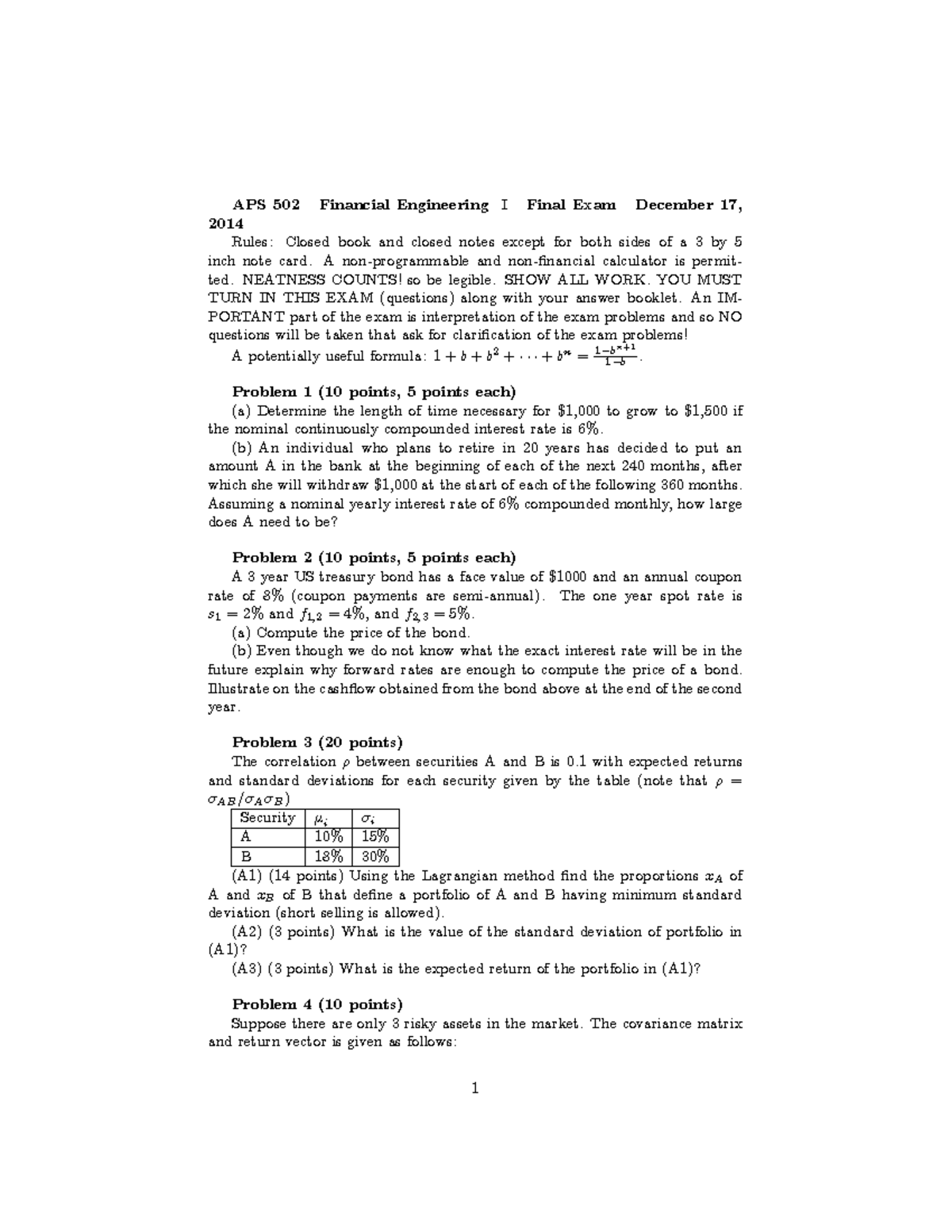 APS502 H-Individual Assignment Questions - APS 502 Financial Engineering I Final Exam December ...