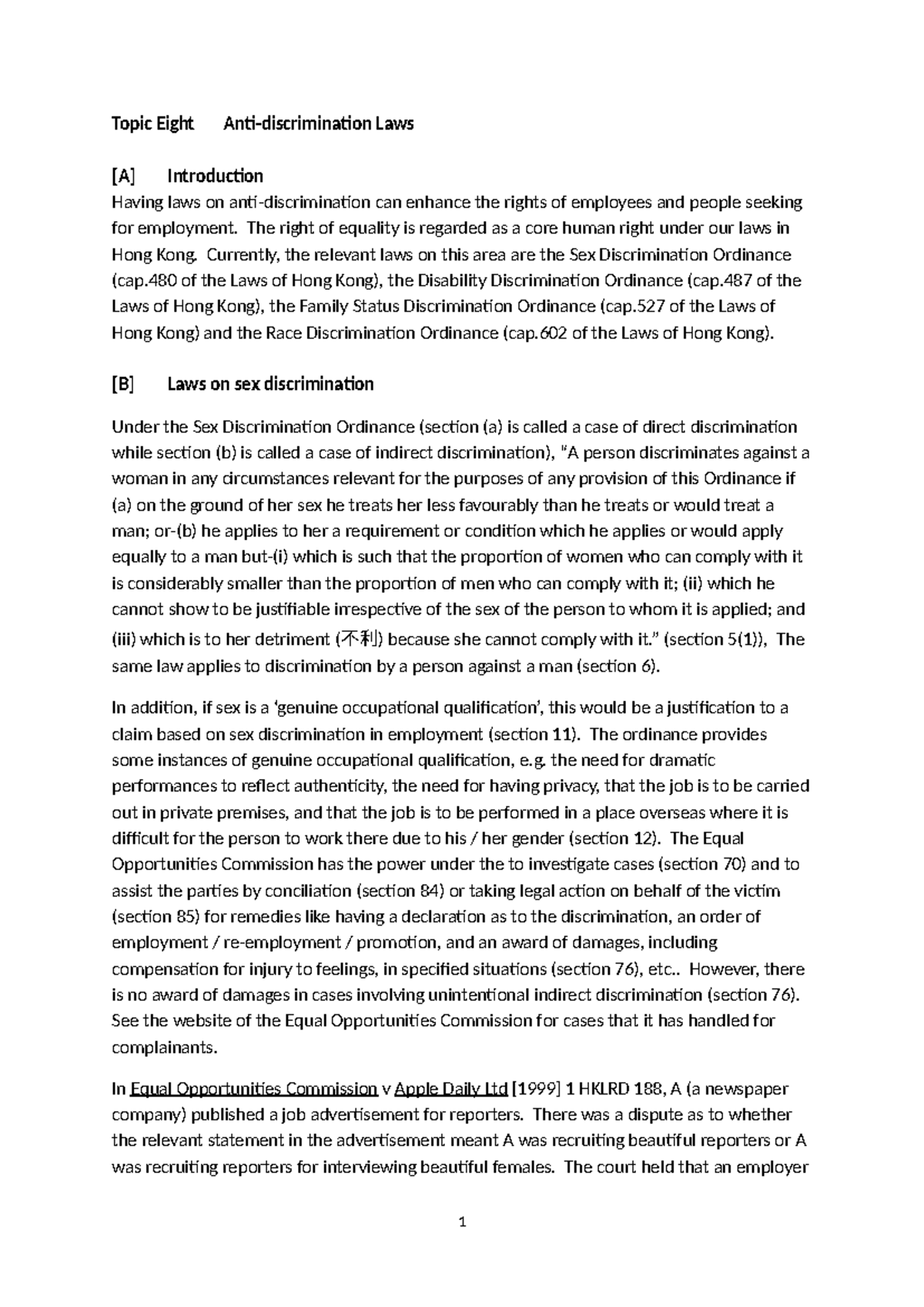 Topic 8 Anti-discrimination Laws - Topic Eight Anti-discrimination Laws ...