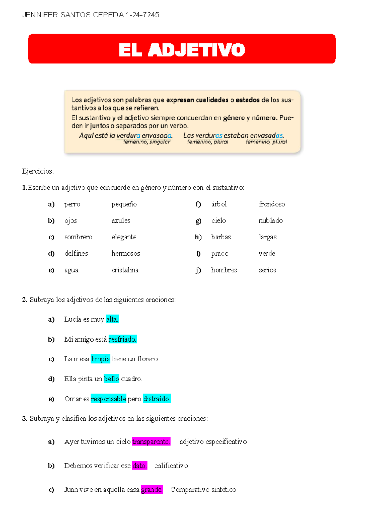 Lengua española básica, ejercicios de los adjetivos para subir en ...