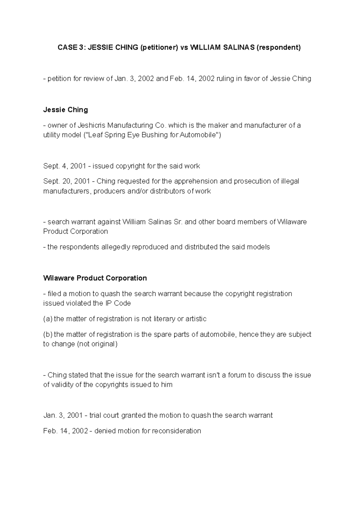Jessie Ching v William Salinas - CASE 3: JESSIE CHING (petitioner) vs WILLIAM SALINAS ...