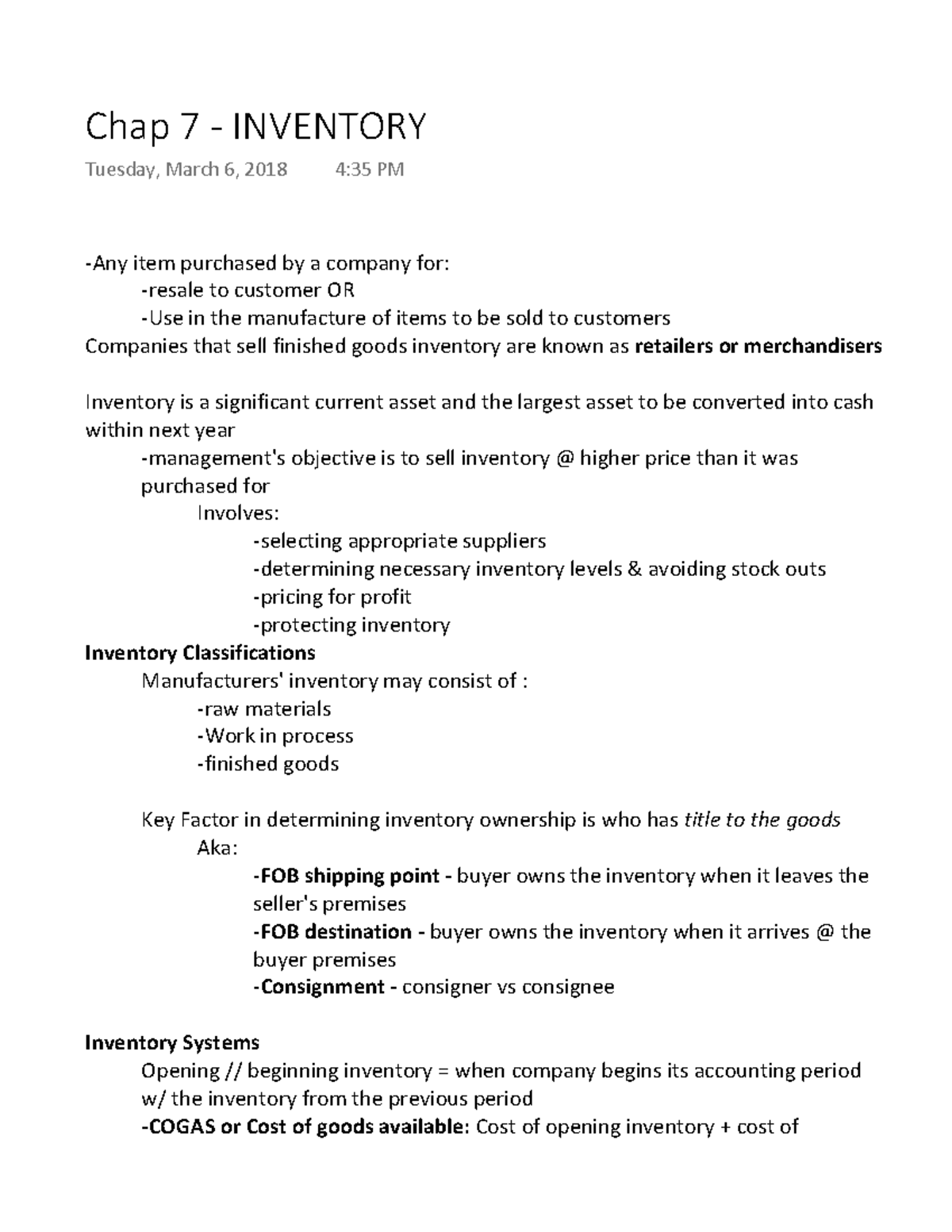 Chap 7 - Inventory - Arsineh Garabedian, Spring 2018 - Chap 7 ...