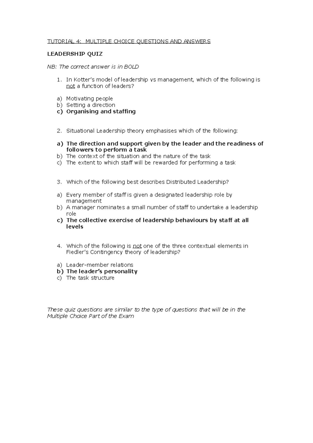 4 Mulitple Choice Quiz Leadership Questions and Answers - TUTORIAL 4: MULTIPLE CHOICE QUESTIONS ...