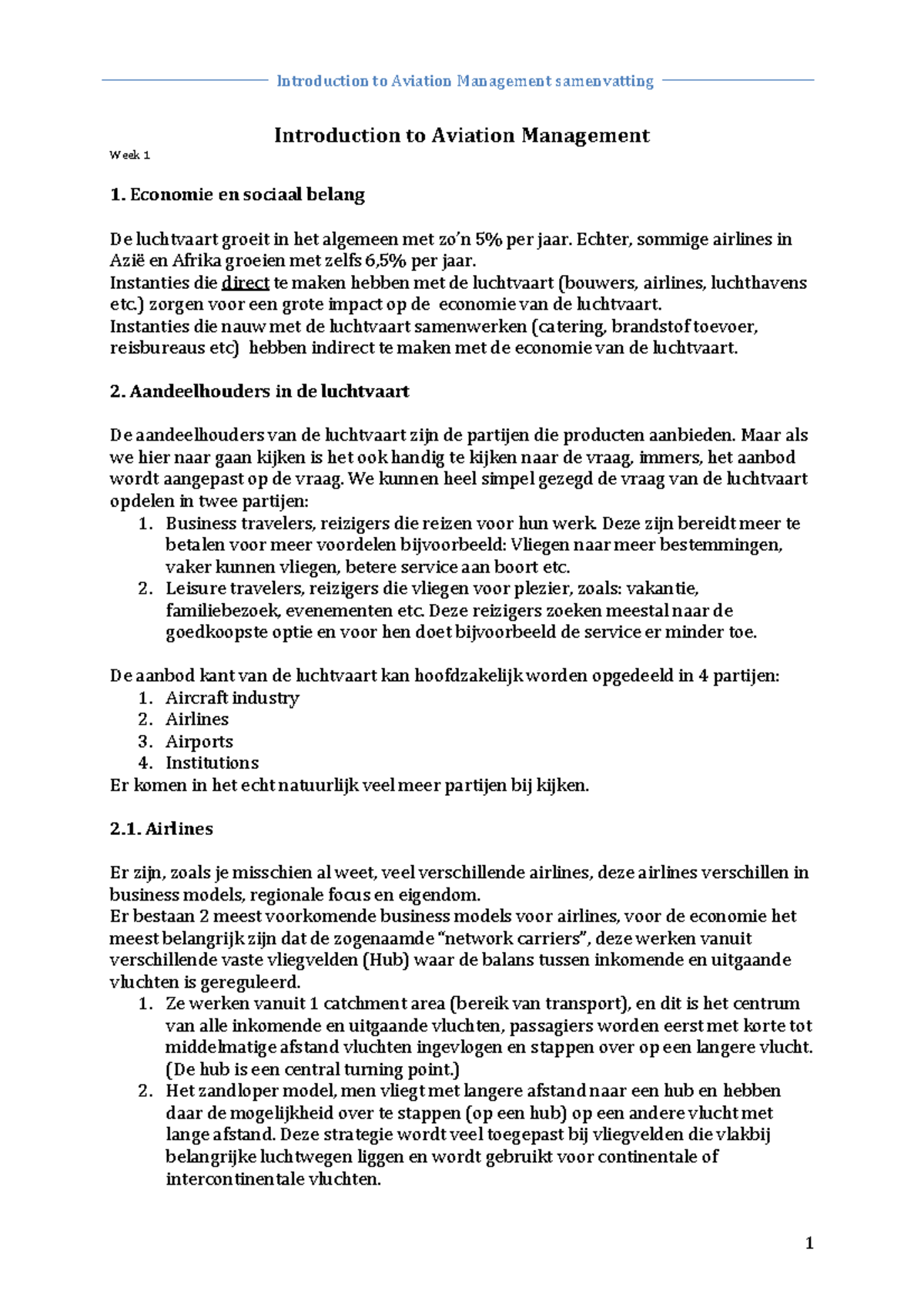 Samenvatting Introduction to Aviation Management hoorcollege 1-4 ...