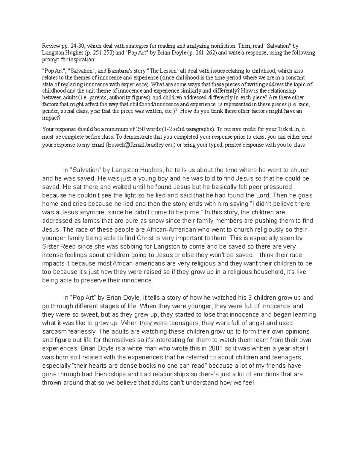 ENG 115 Ticket in 5 - Professor Russell - Review pp. 24-30, which deal ...