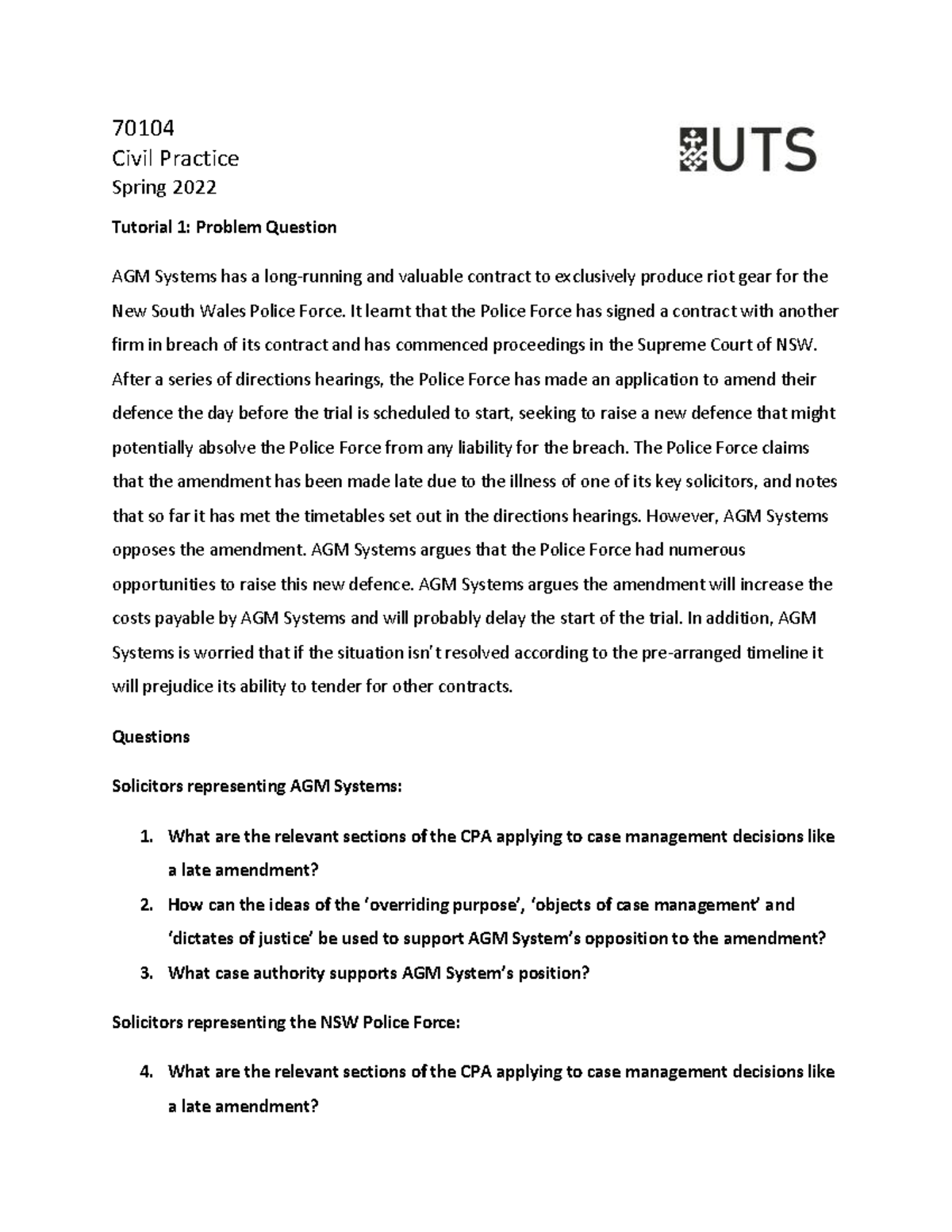 TUT 1 PS - PS tut 1 - 70104 Civil Practice Spring 2022 Tutorial 1 ...