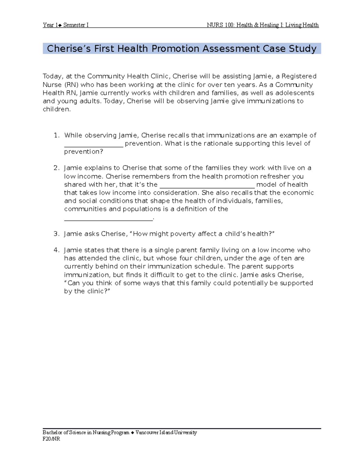 Cherise's First Health Promotion Assessment Case Study - Year 1 ...